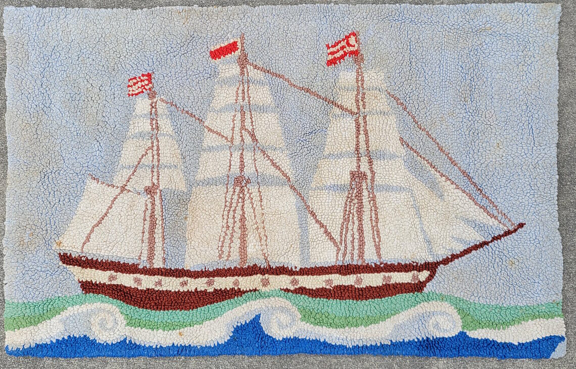Vintage Folk Art Ship Hooked Rug - Vintage American Folk Art Nautical ...