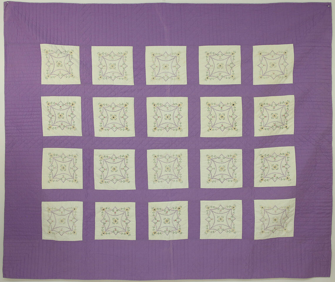 Lavender Floral Embroidered Quilt with Broad Lavender Grid and Border ...