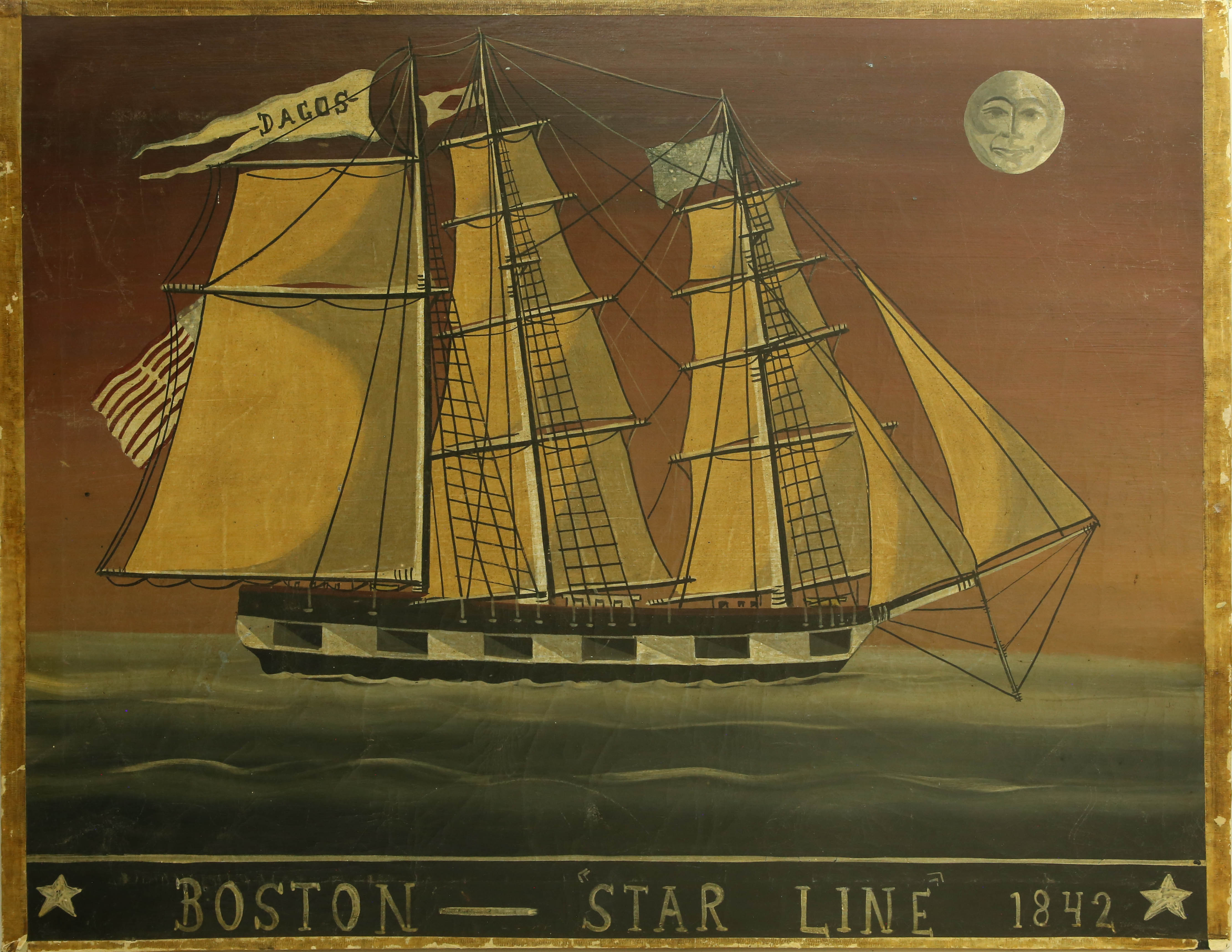 Primitive Oil on Canvas "Boston Star Line 1842" - Primitive Oil on ...