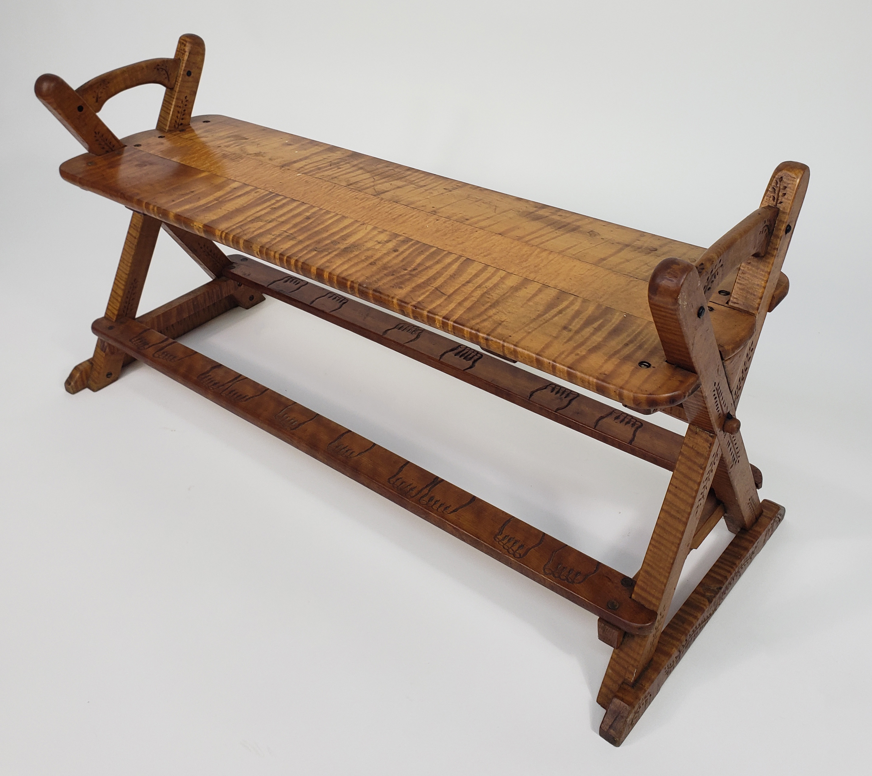 Vintage Tiger Maple Sawbuck Bench - Vintage American Tiger Maple ...