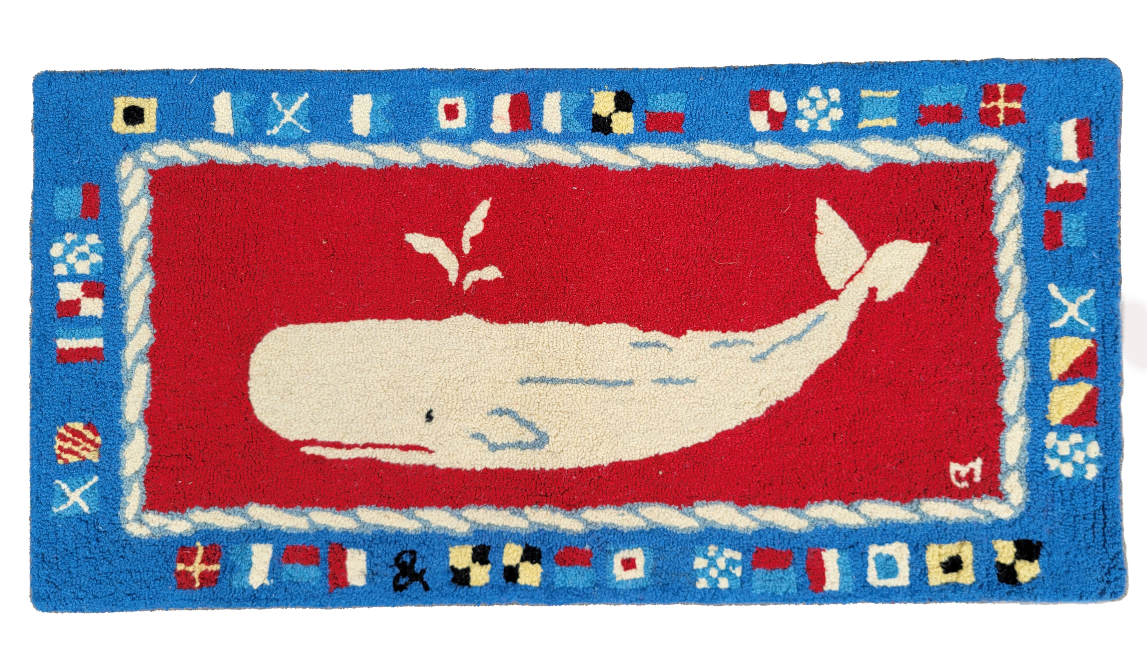 Whale Hooked Rug - Spouting Whale Hooked Rug with Signal Flag Border ...