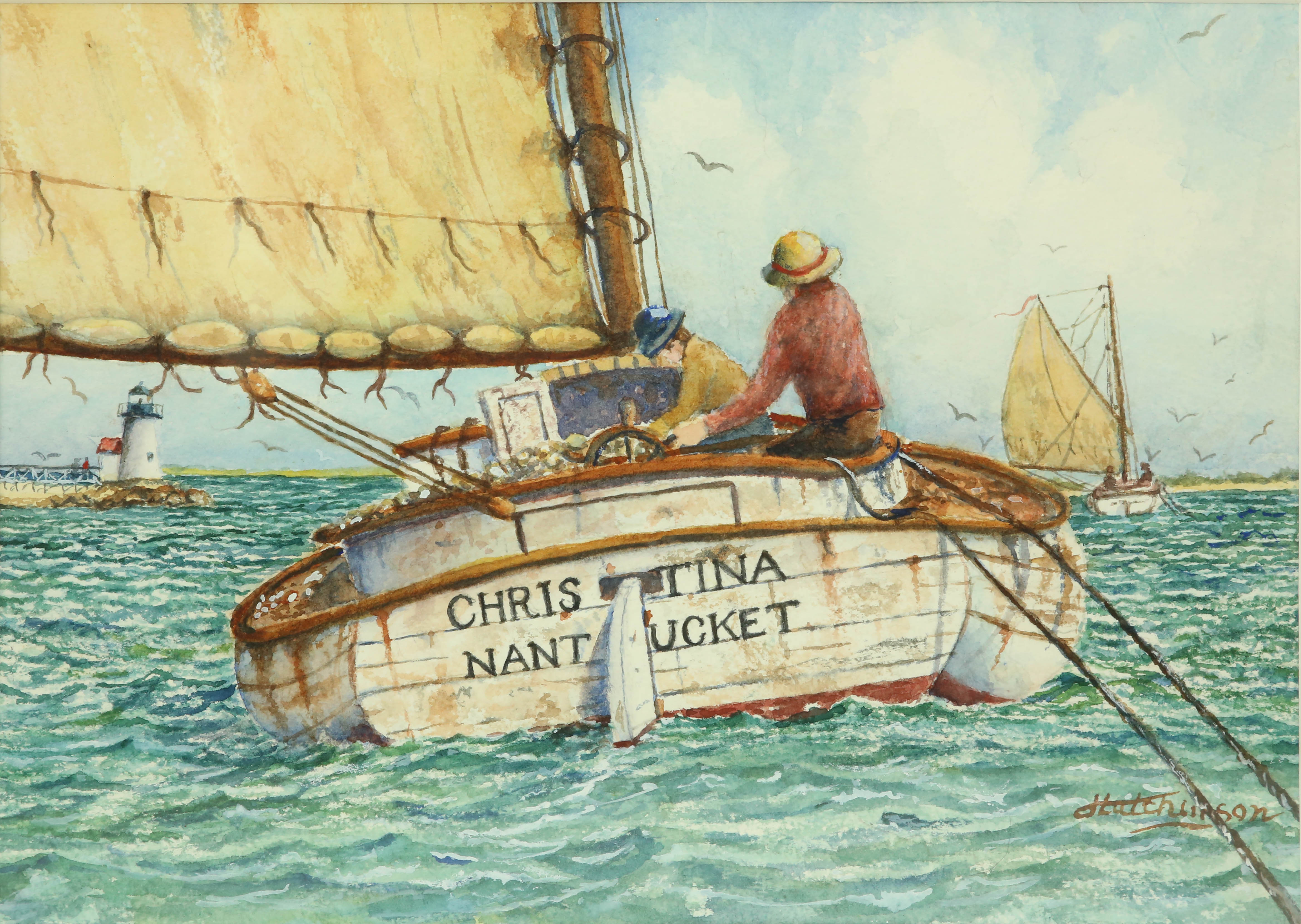 John Hutchinson Watercolor on Paper "Catboat Christina Nantucket ...
