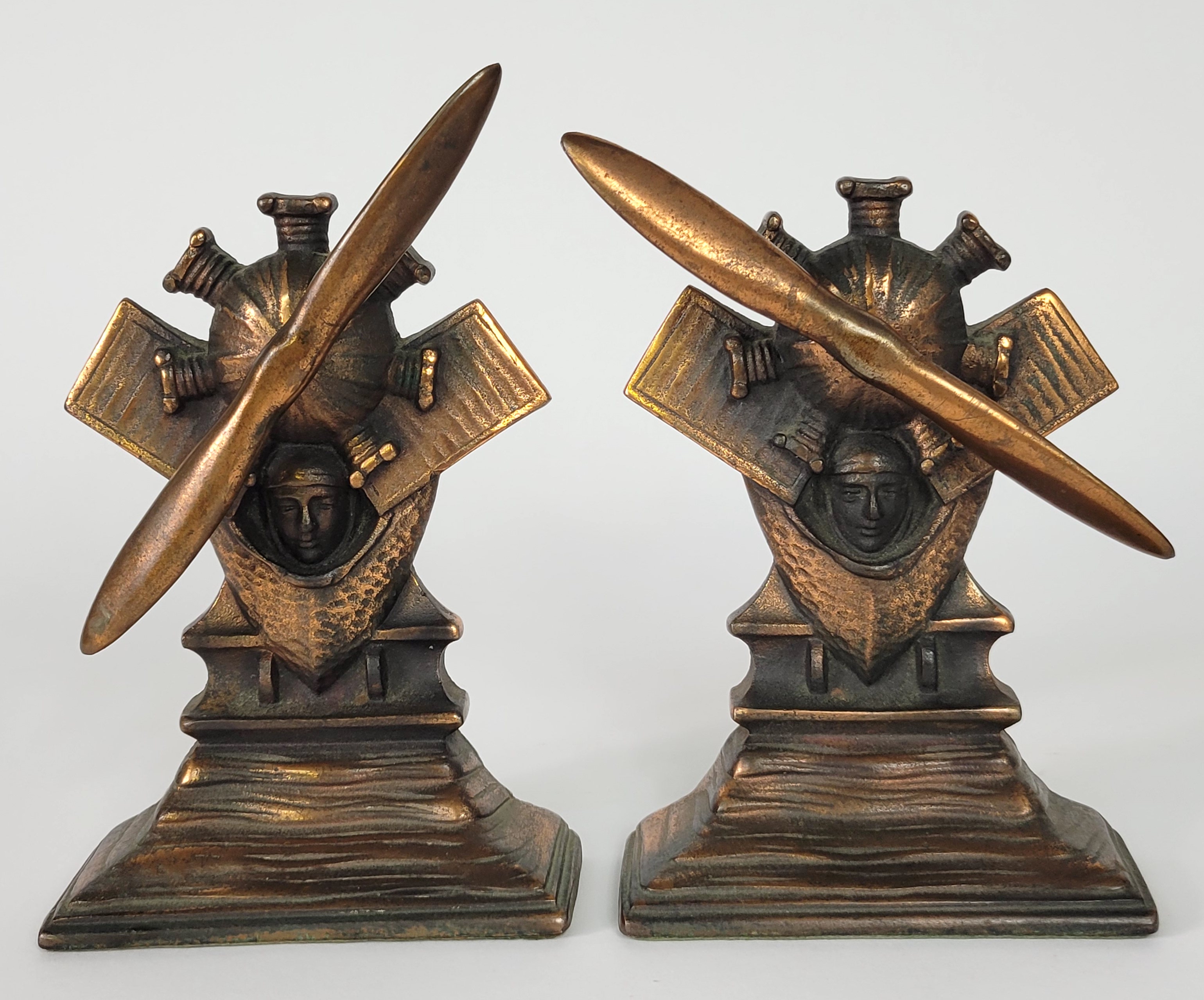 Scarce Pair of Antique Aviation Aircraft Engine & Pilot Bookends ...