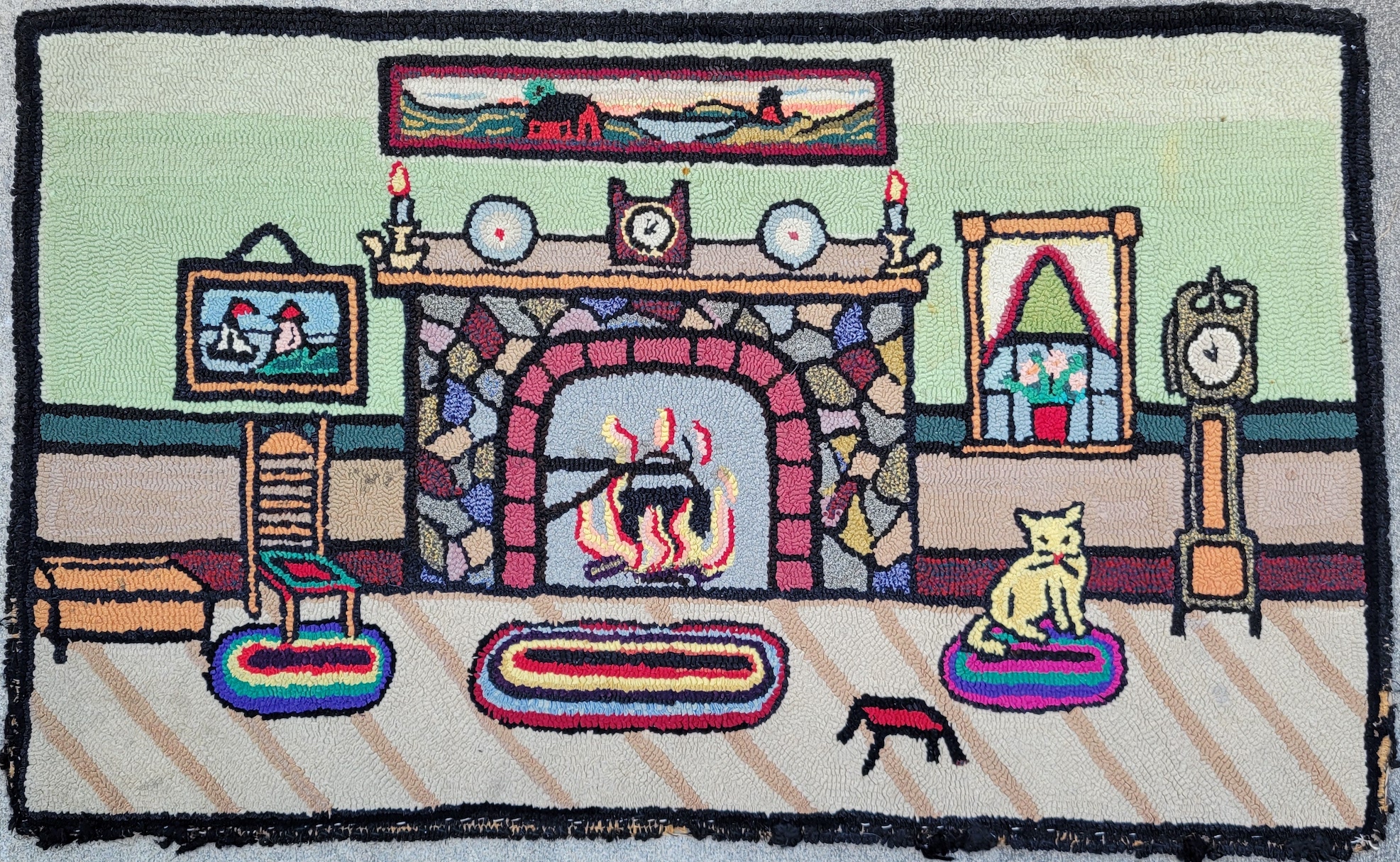 Antique American Folk Art Interior Scene Hooked Rug Circa 1920 ...