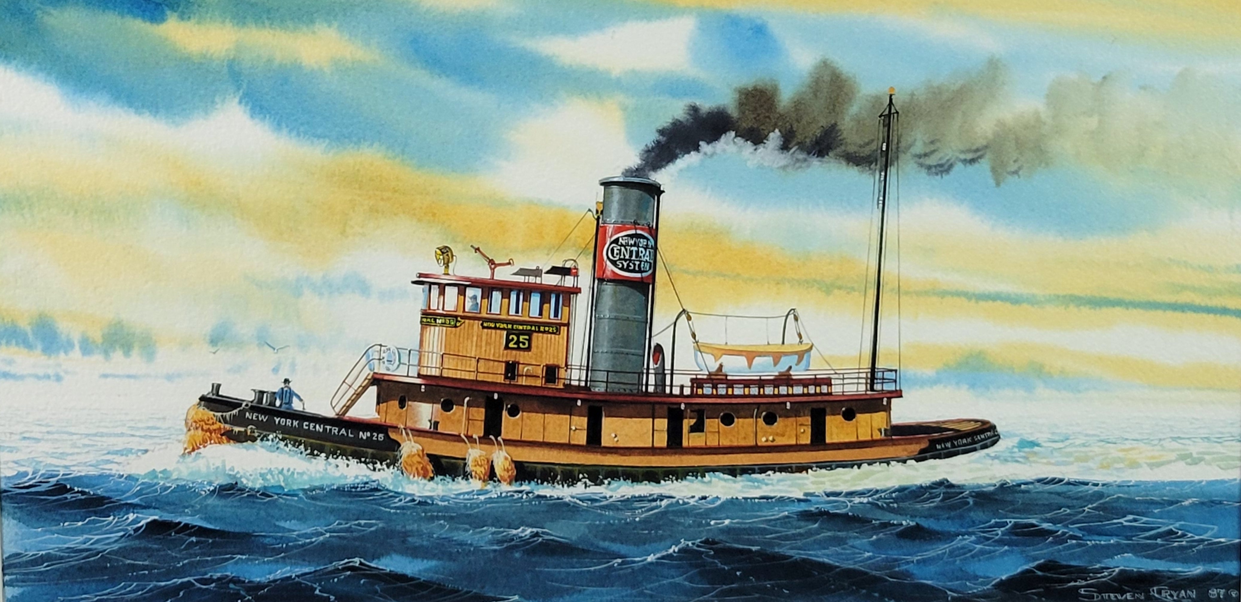 Steven Cryan Watercolor and Gauche Painting of New York Tugboat No. 25 ...