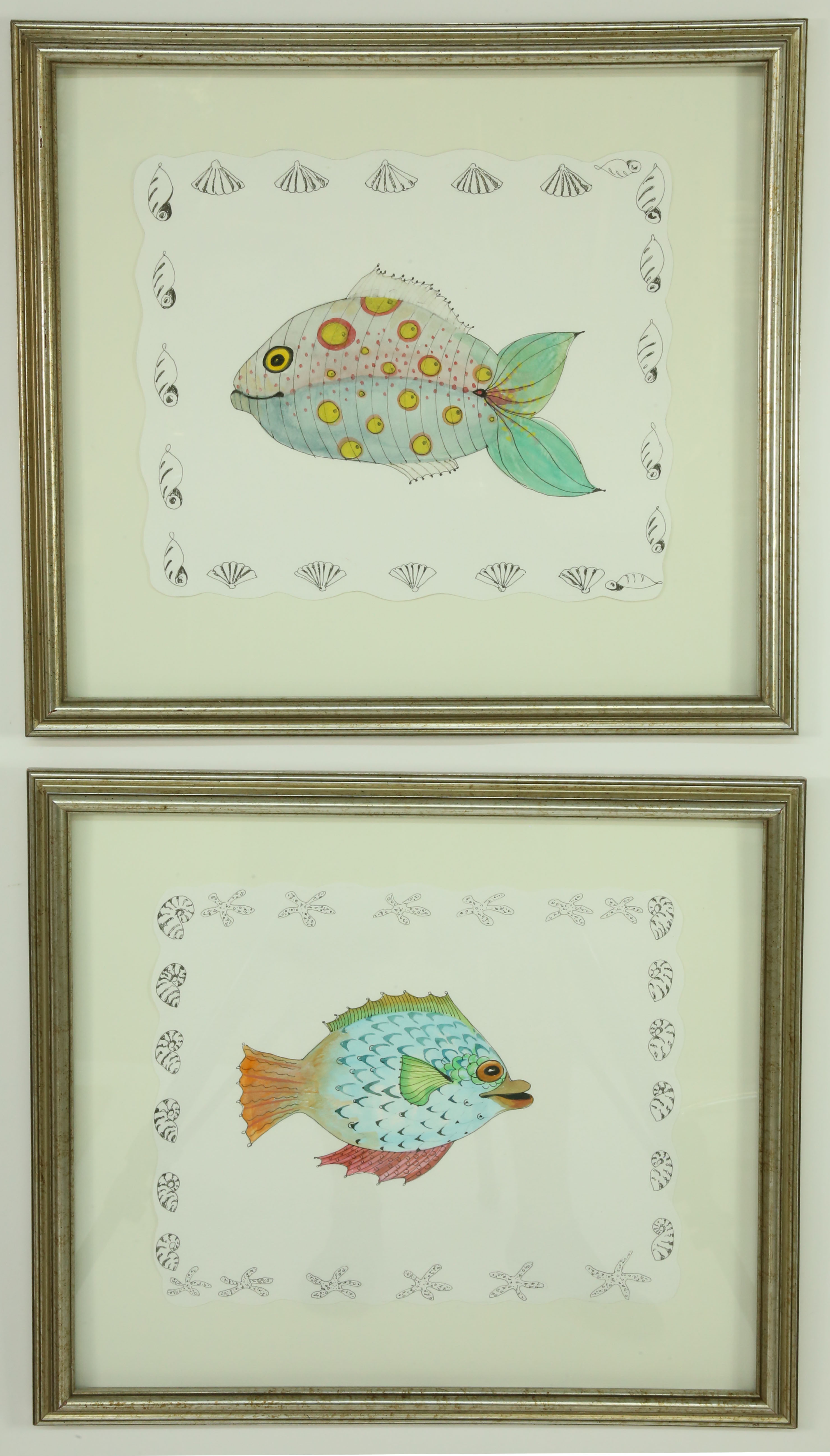 Pair of Watercolor Pen and Ink Drawings on Paper of Tropical Fish ...