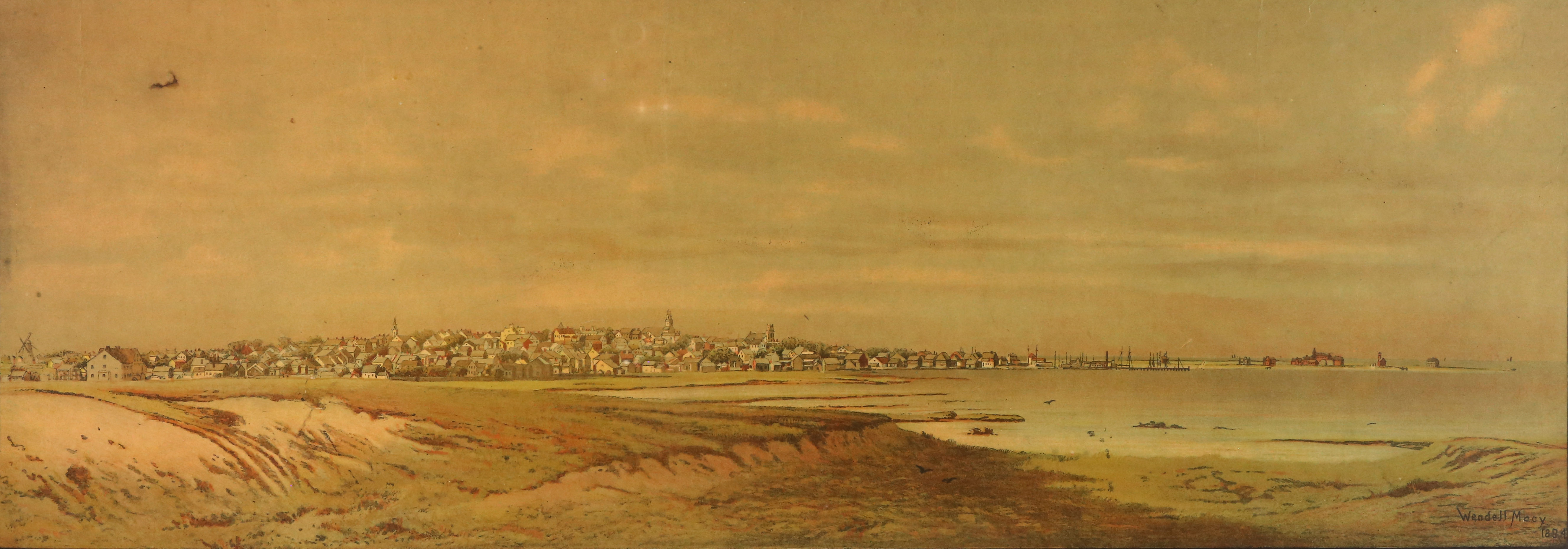 Wendell Macy Stone Lithograph View of Town of Nantucket from Monomoy ...