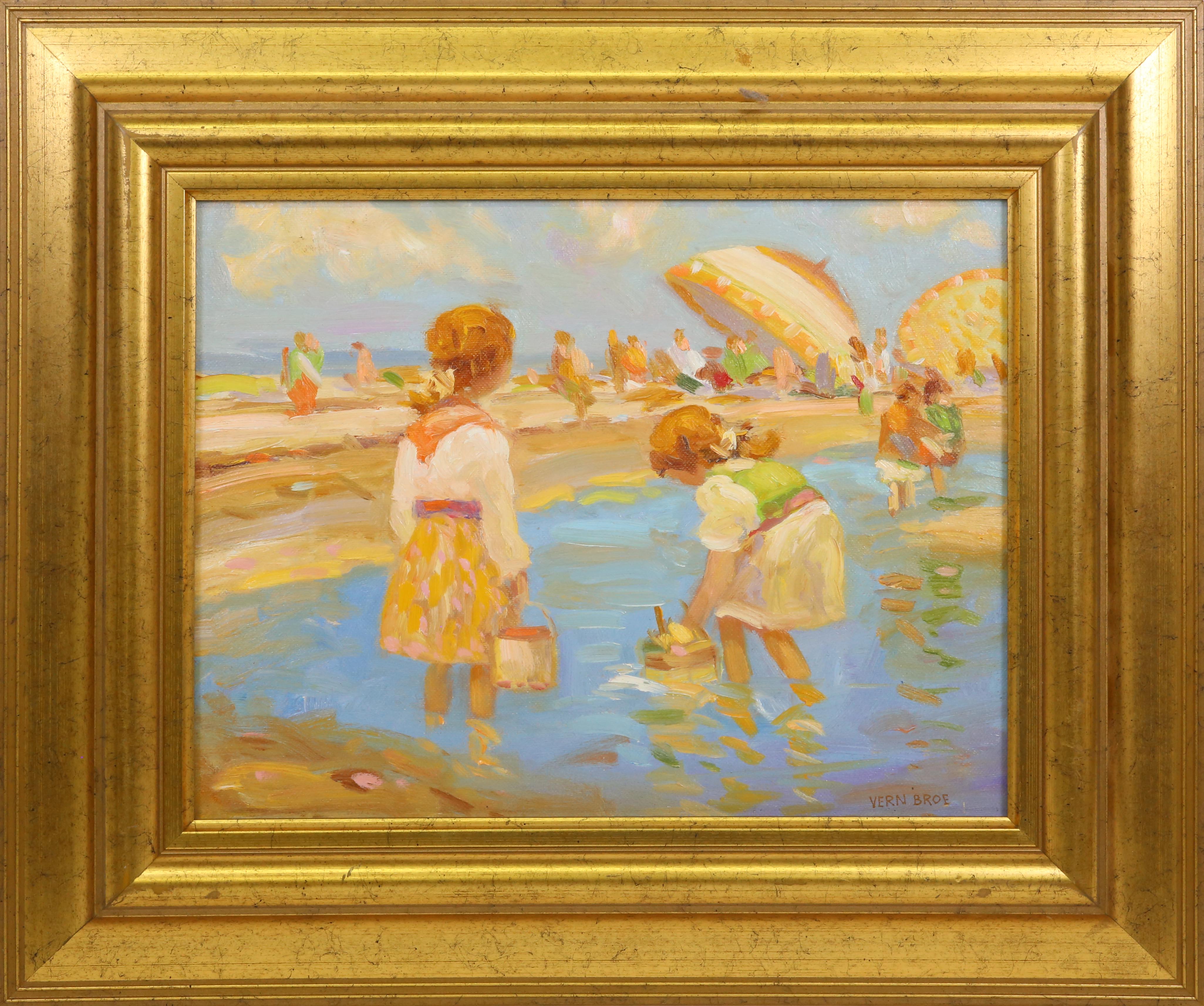 Vern Broe Oil on Board Impressionist Beach Scene - Vern Broe Oil on ...
