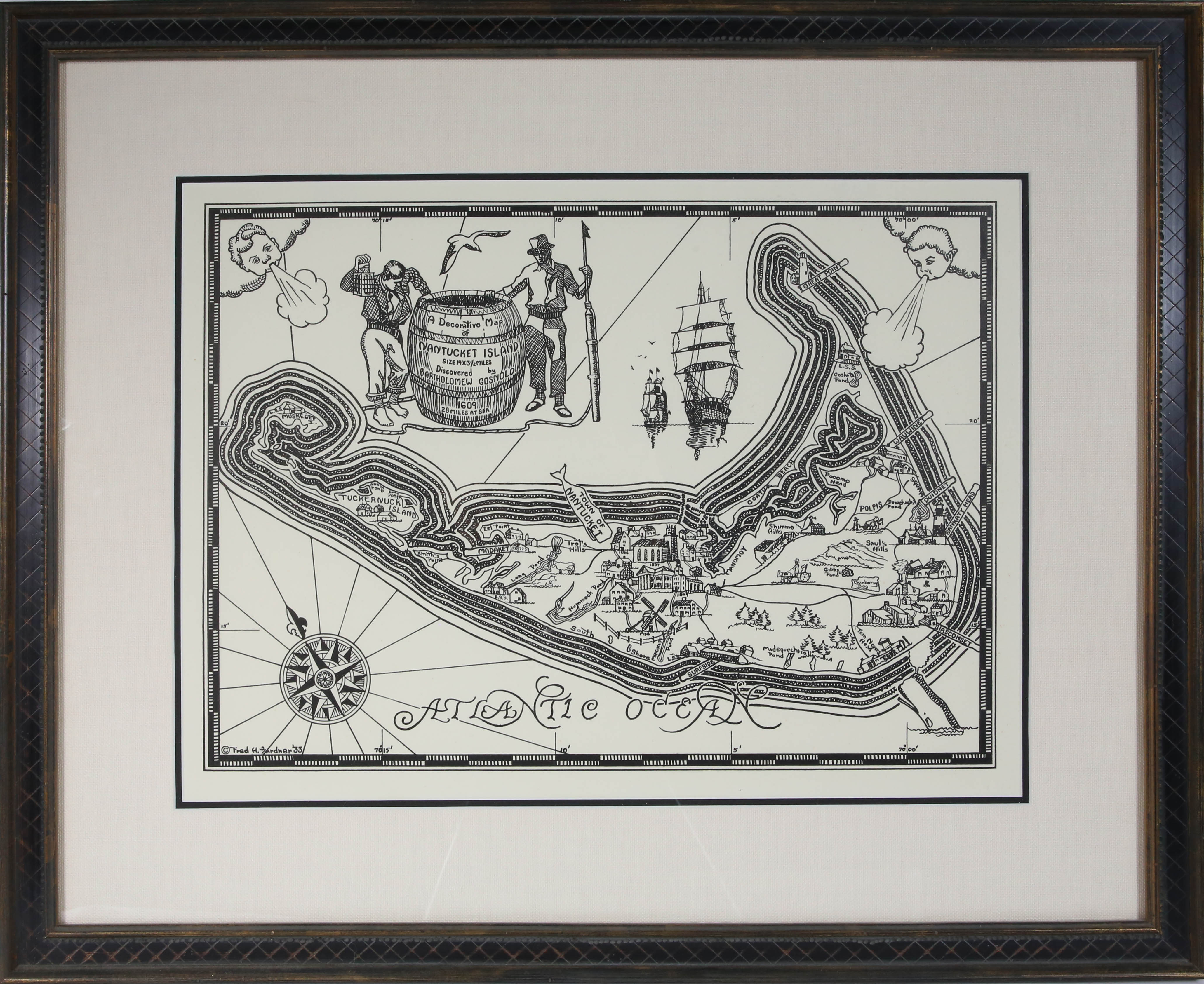 Fred Gardner Printed Black and White Nantucket Map Print circa 1933 ...