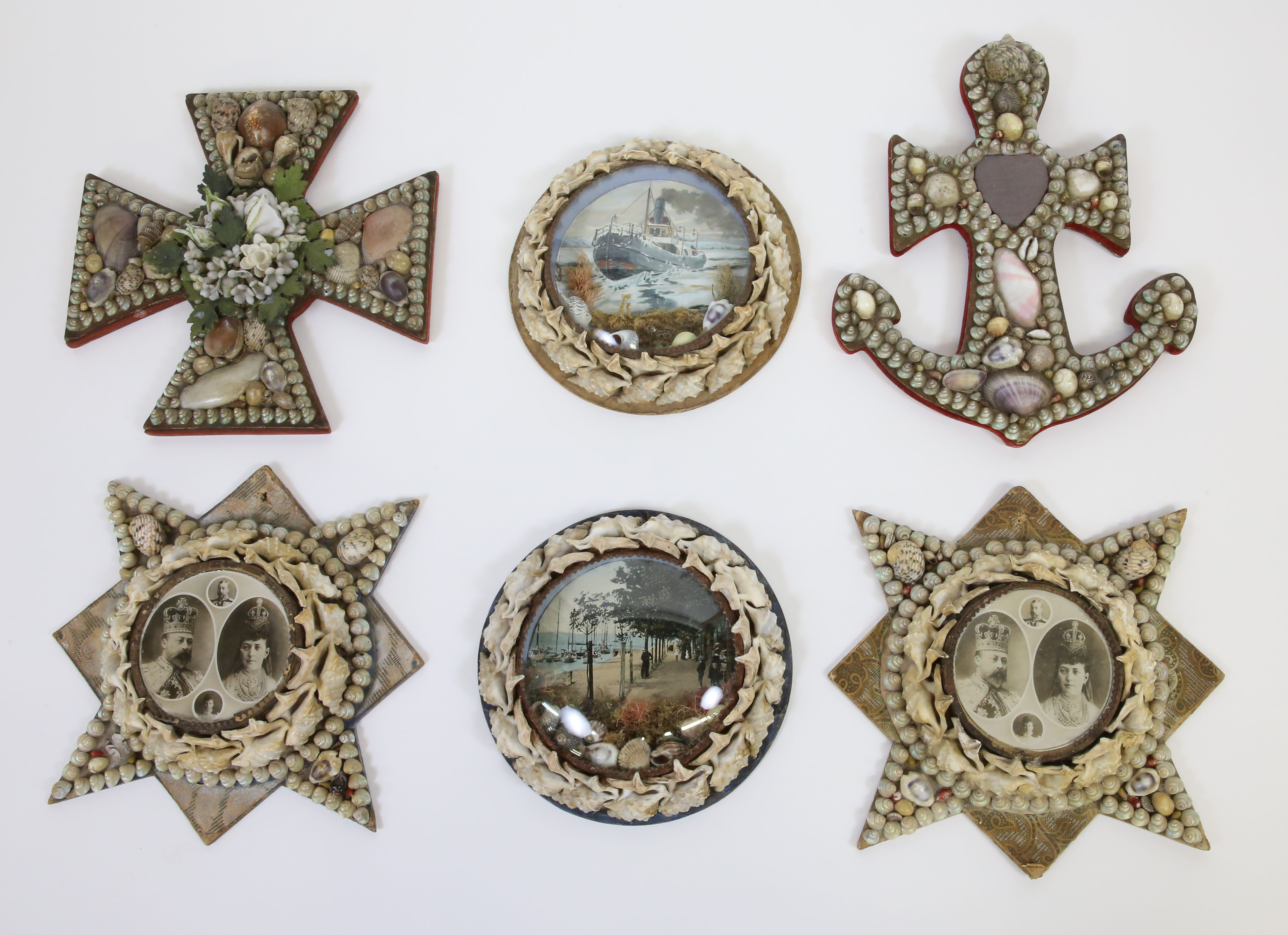 Group of Six Vintage Shell Encrusted Artifacts - Group of Six Vintage ...