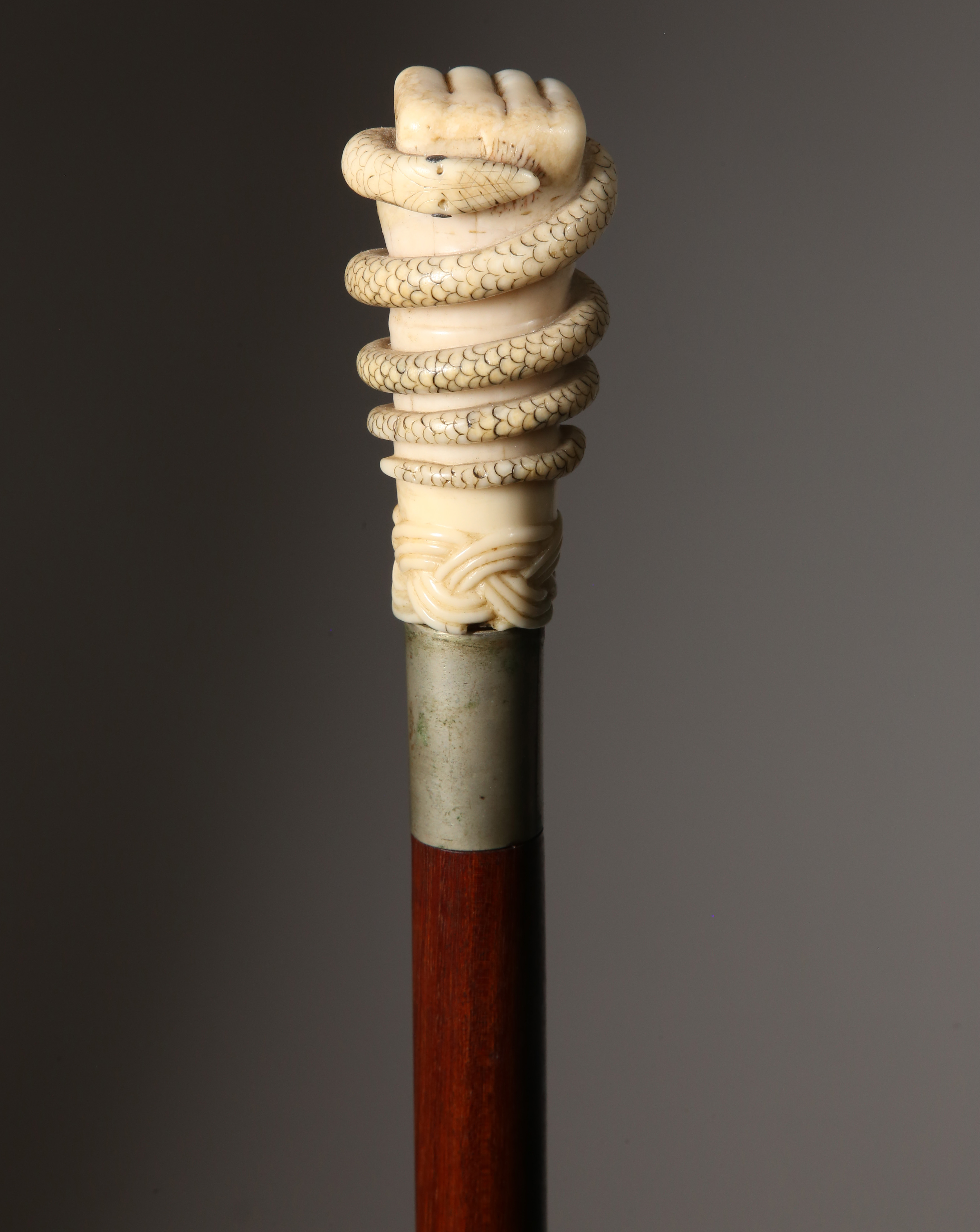 Whaleman Made Clenched Fist with Serpent Walking Stick circa 1850 ...