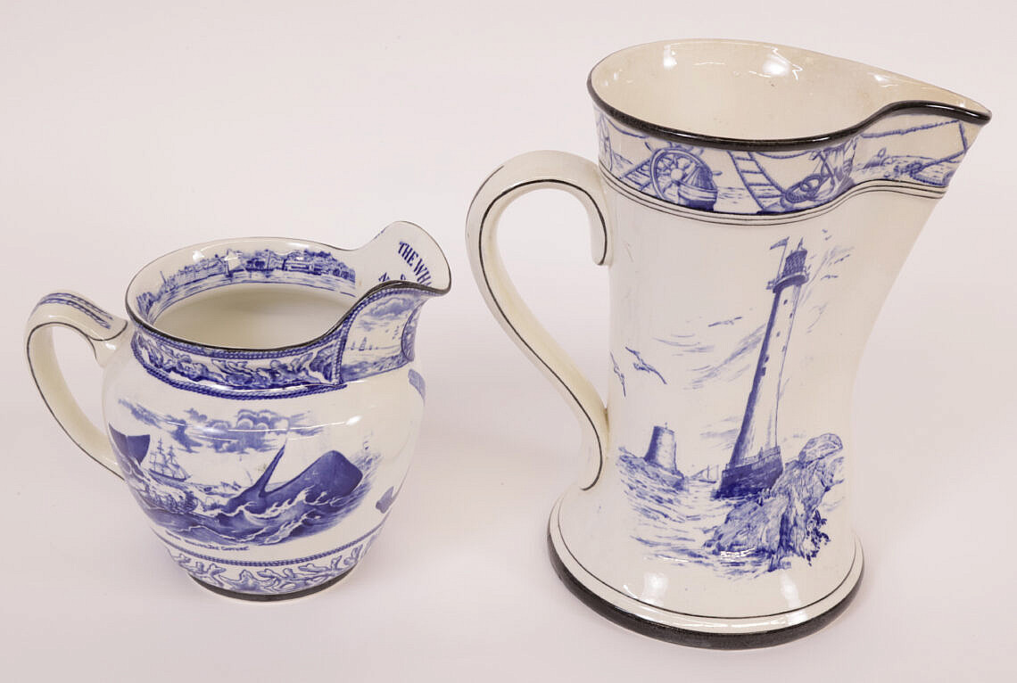 Two Buffalo Pottery Maritime Themed Blue Transfer Pitchers Early 20th ...