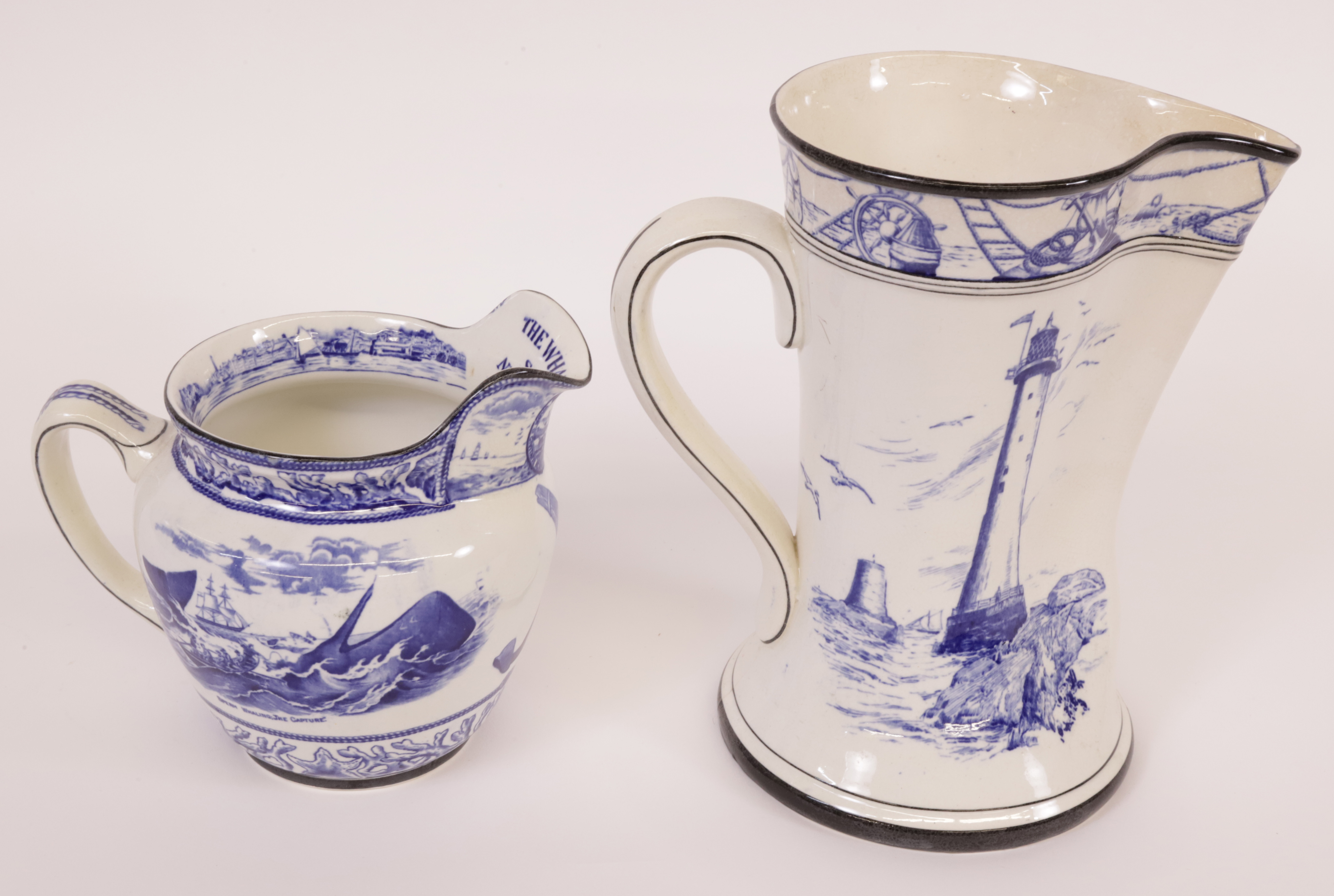 Two Buffalo Pottery Maritime Themed Blue Transfer Pitchers Early 20th ...