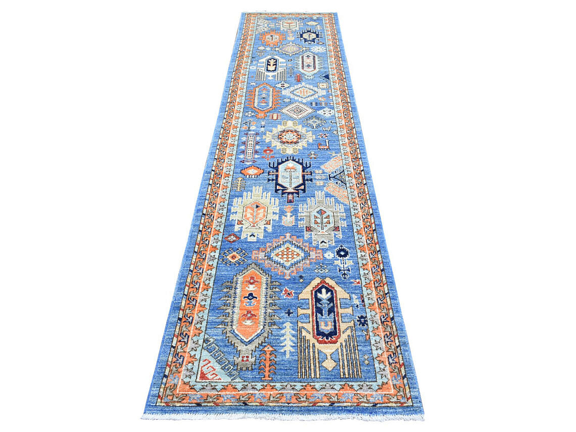 Light Blue Hand Knotted Natural Dyes Afghan Ersari Oriental Runner Rug ...