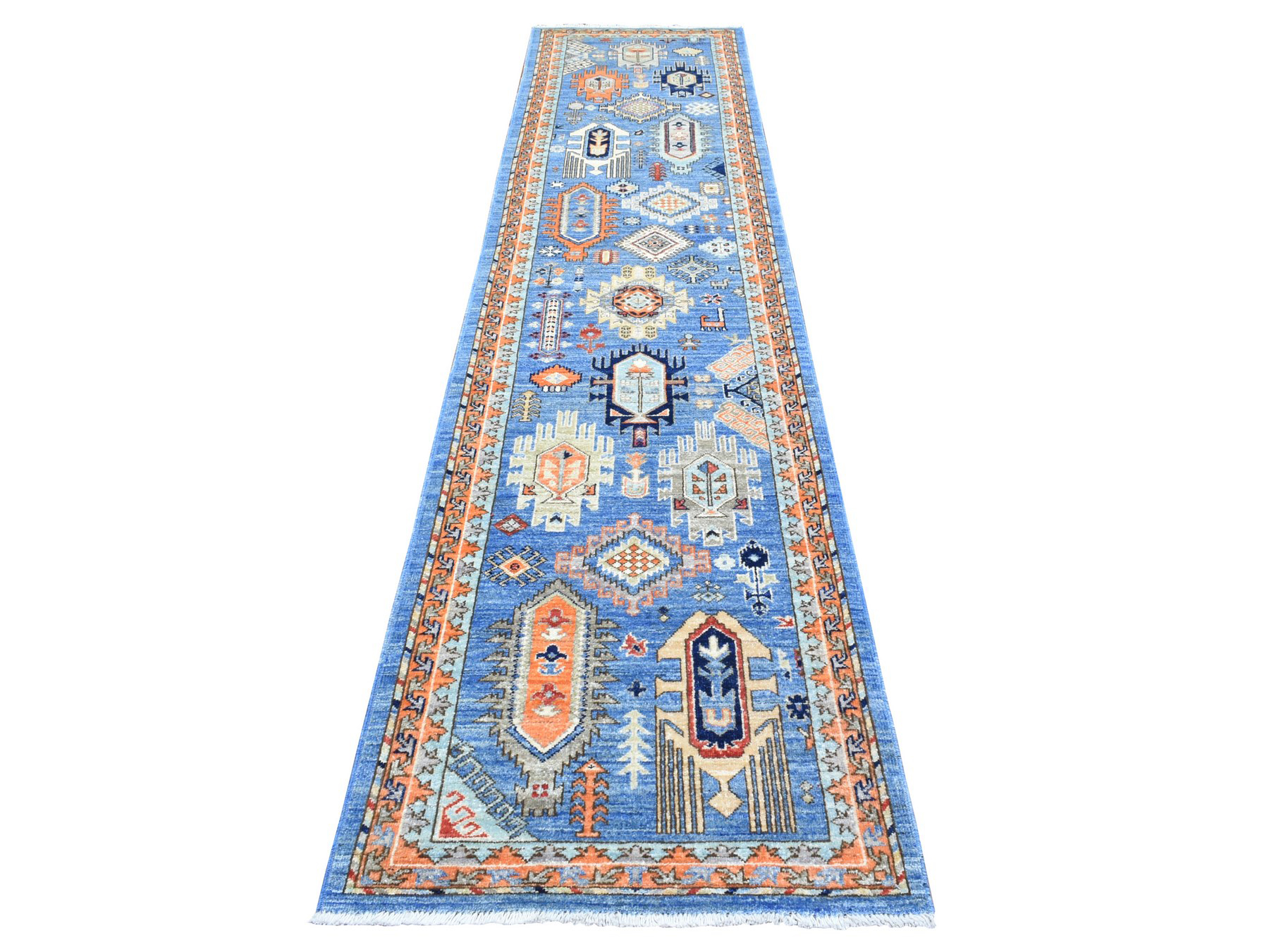 Light Blue Hand Knotted Natural Dyes Afghan Ersari Oriental Runner Rug ...