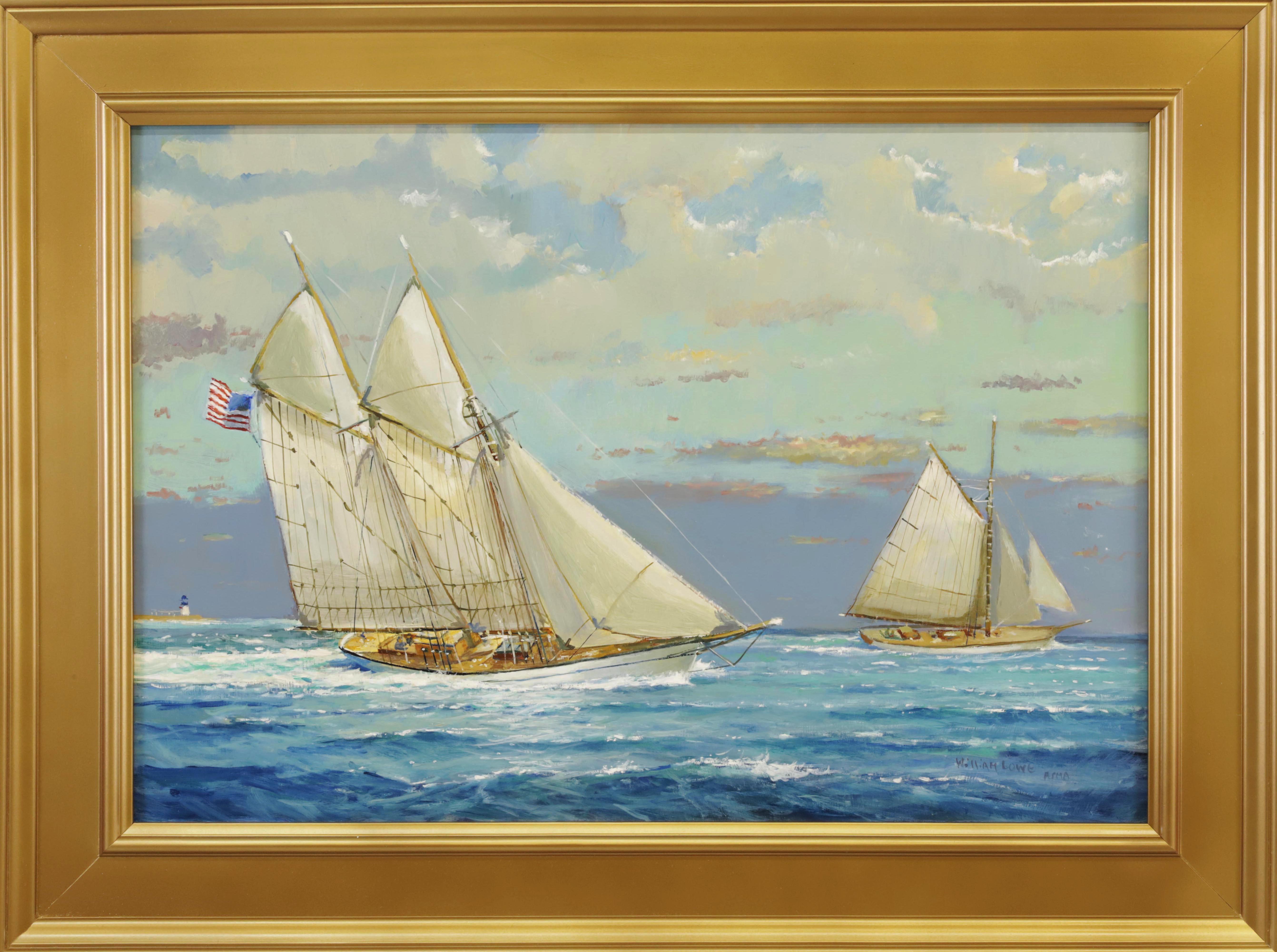 William Lowe Oil on Linen "Hard Driving Schooner Departing Nantucket ...