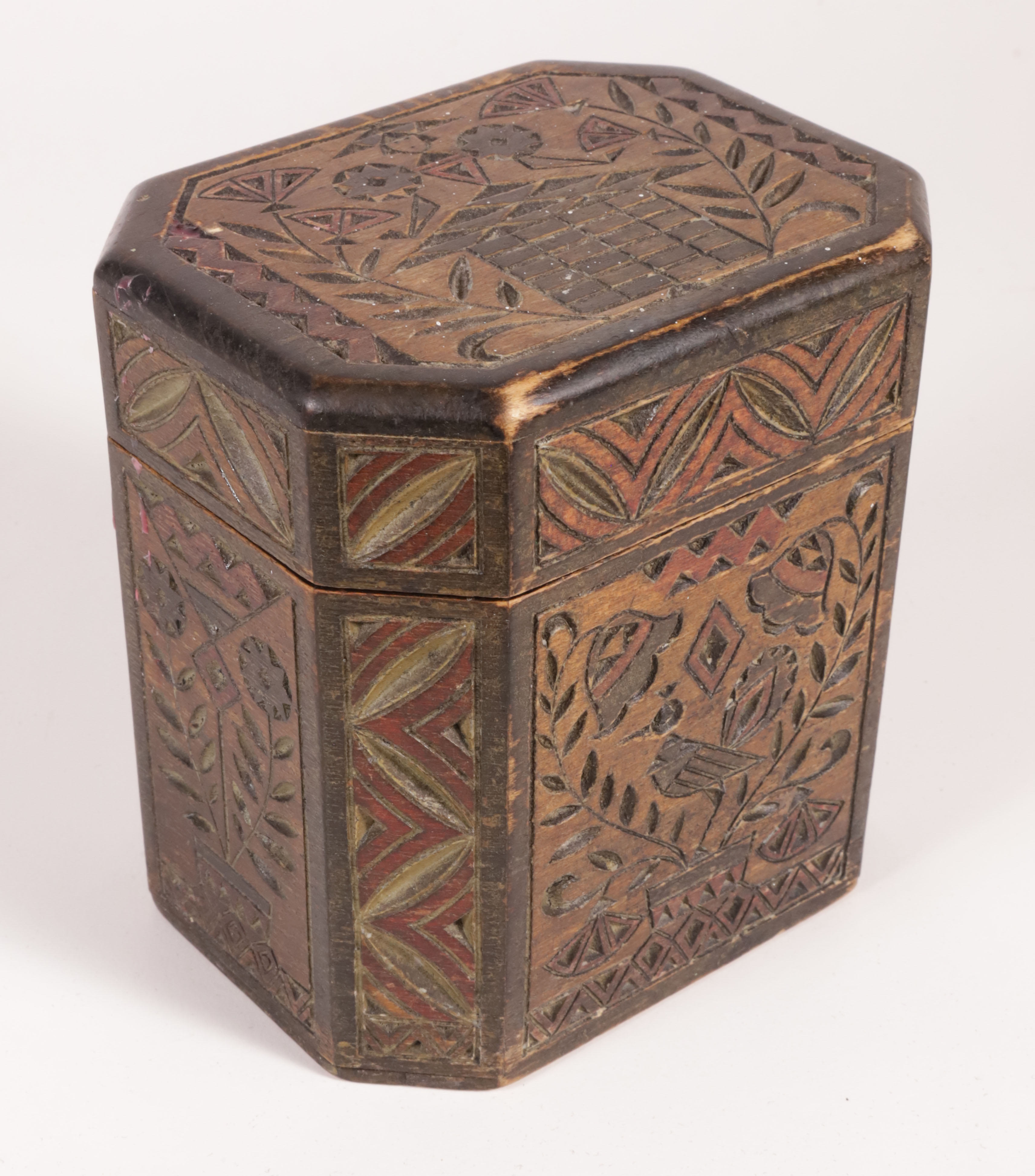Folk Art Polychrome Chip-Carved Wooden Tea Caddy Late 19th Century ...
