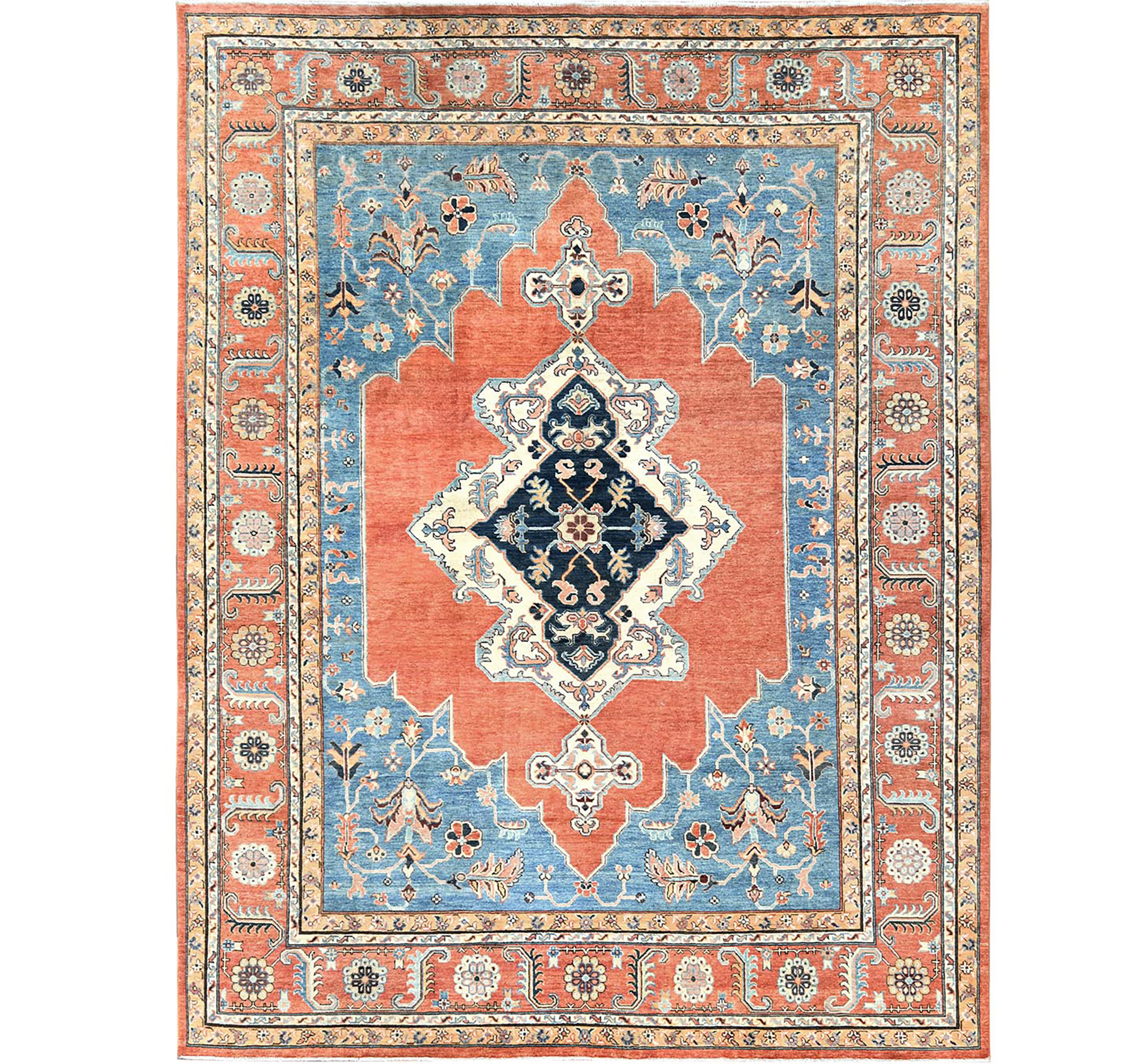 Soft Red Hand Knotted Wool Peshawar with Serapi Design Oriental Carpet ...