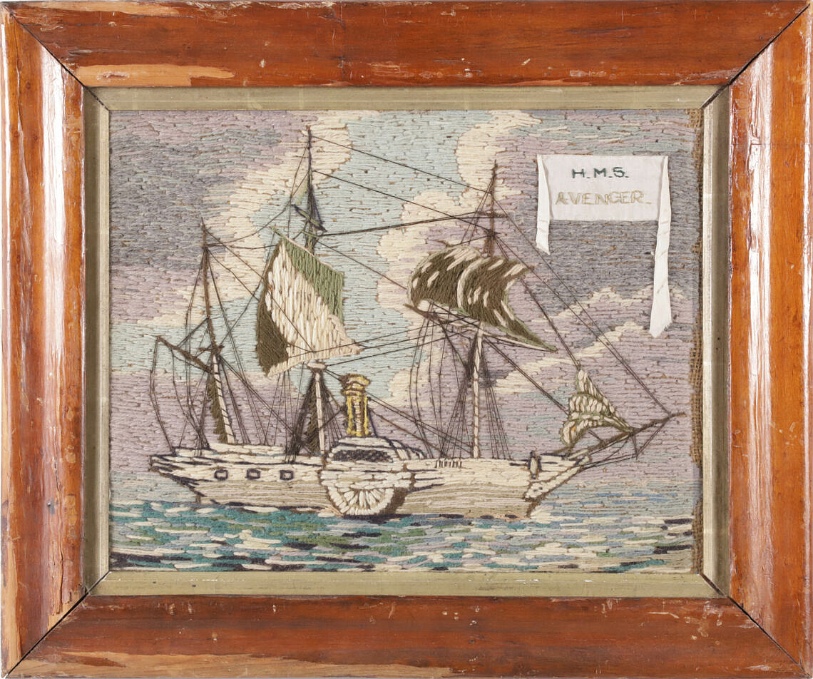 Late 19th Century English Sailor's Wool Work of Steam Sailor "H.M.S ...