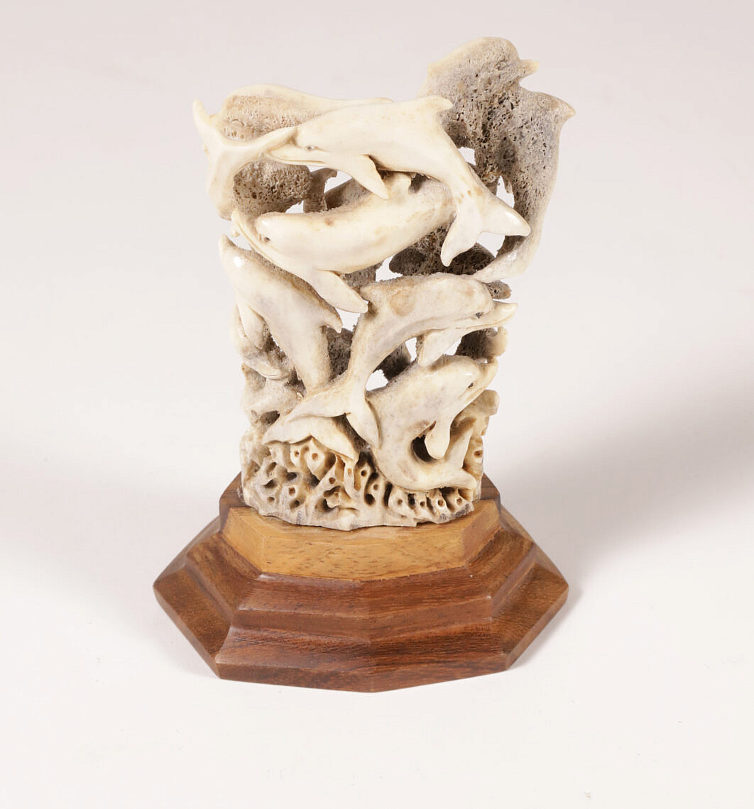 Carved Bone Dolphin Sculpture on Wood Stepped Platform - Carved Bone ...