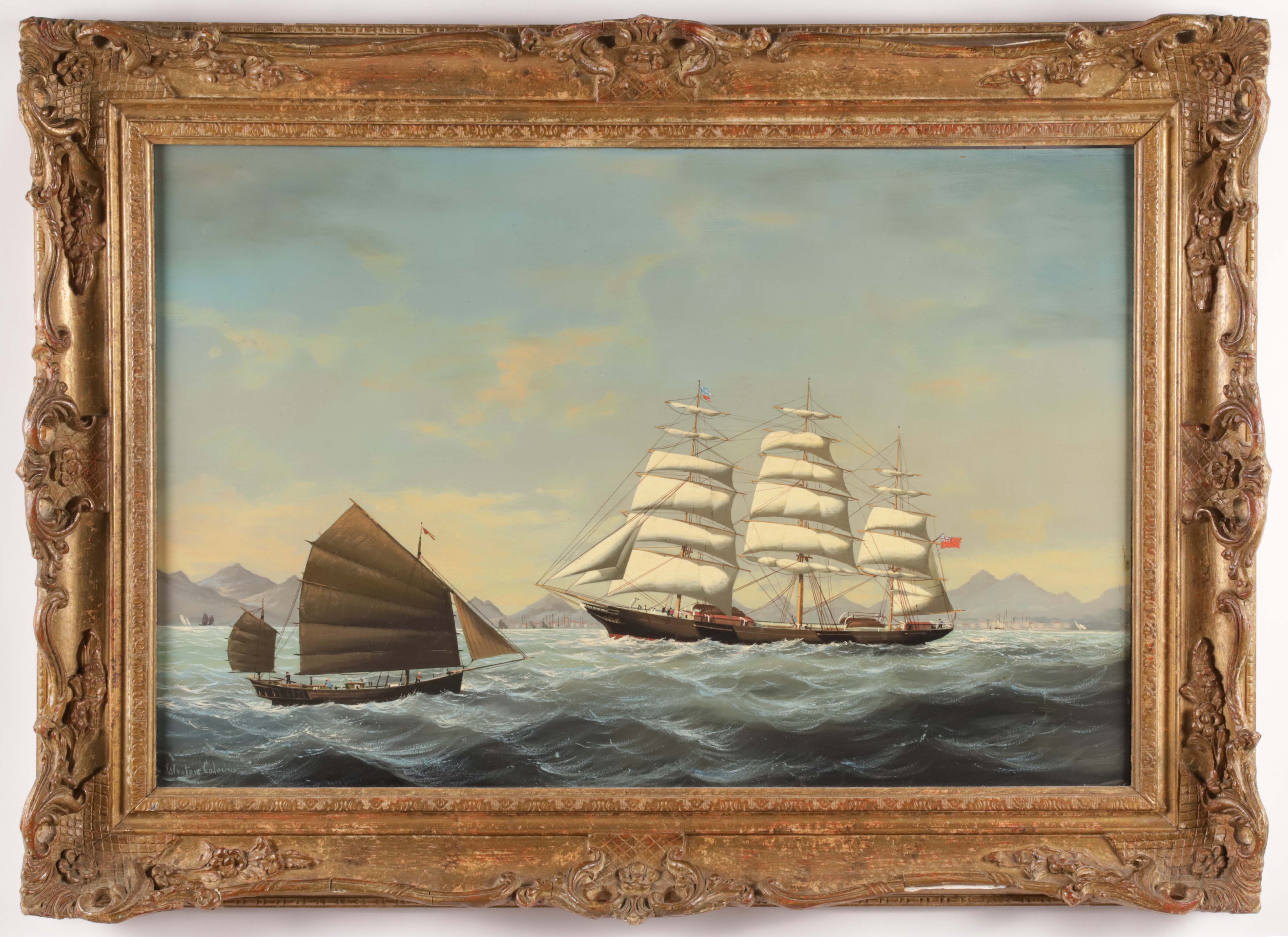 Salvatore Colacicco Oil on Mahogany Panel "Clipper Passing a Junk Off ...