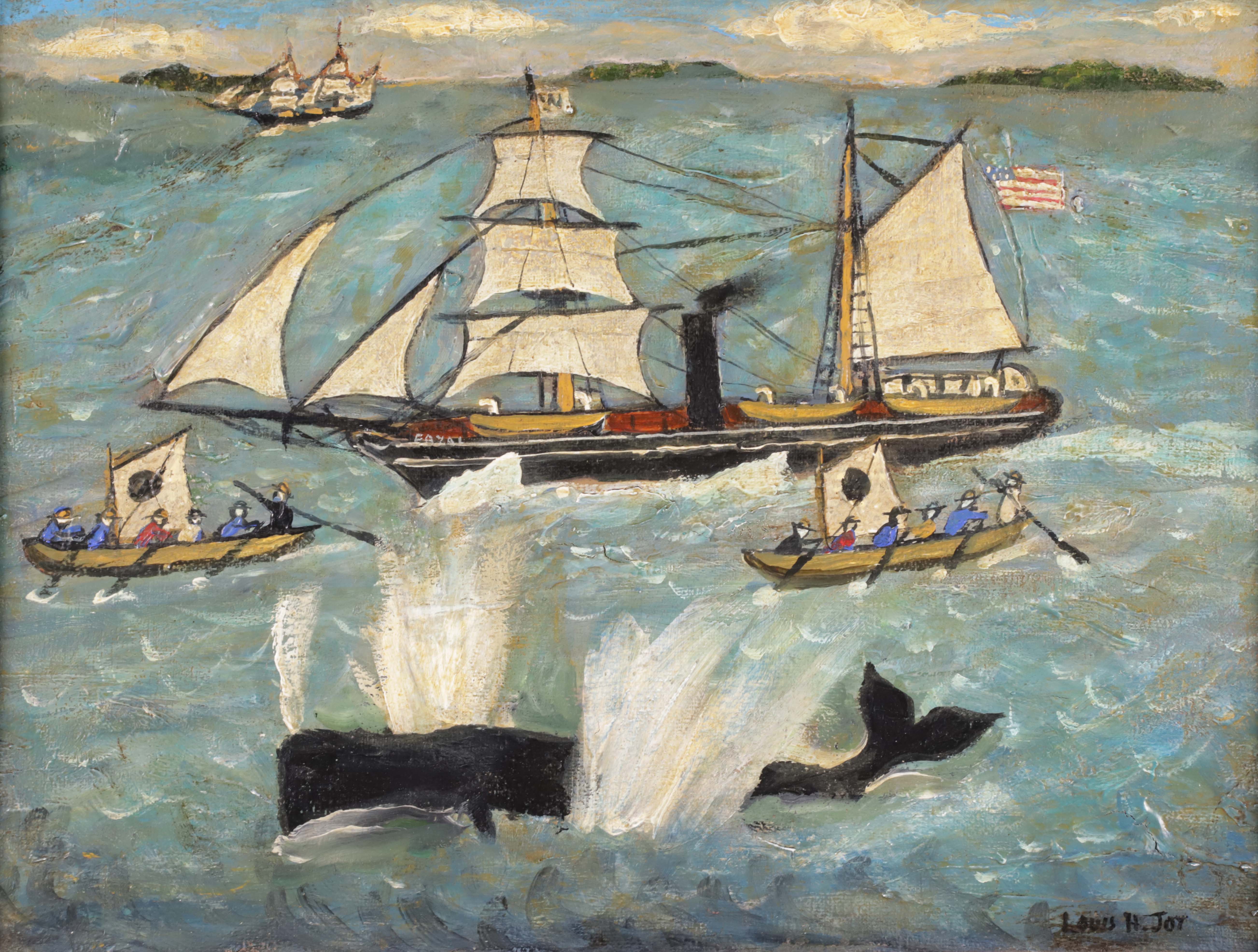 Louis H. Joy Oil on Artist Board "Whaling in the South Seas Auxiliary ...