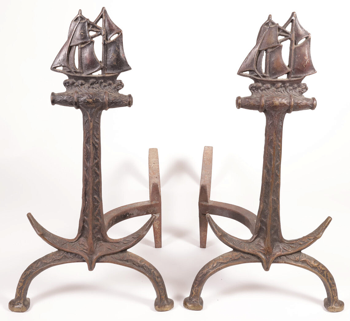 Pair of Patinated Cast Bronze "Ship & Anchor" Andirons - Pair of ...