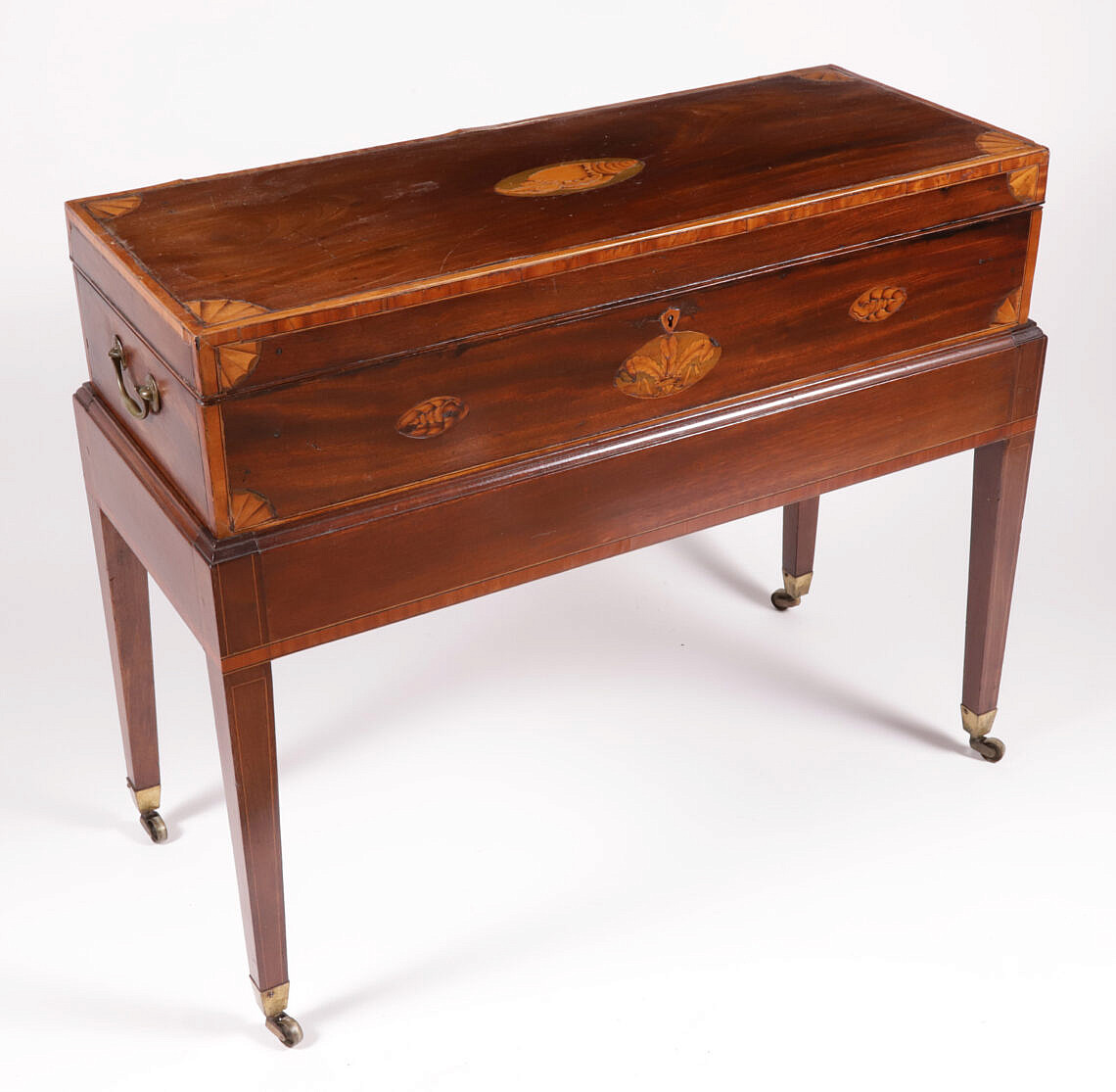 English Inlaid Box on Stand with Brass Handles 19th Century - English ...