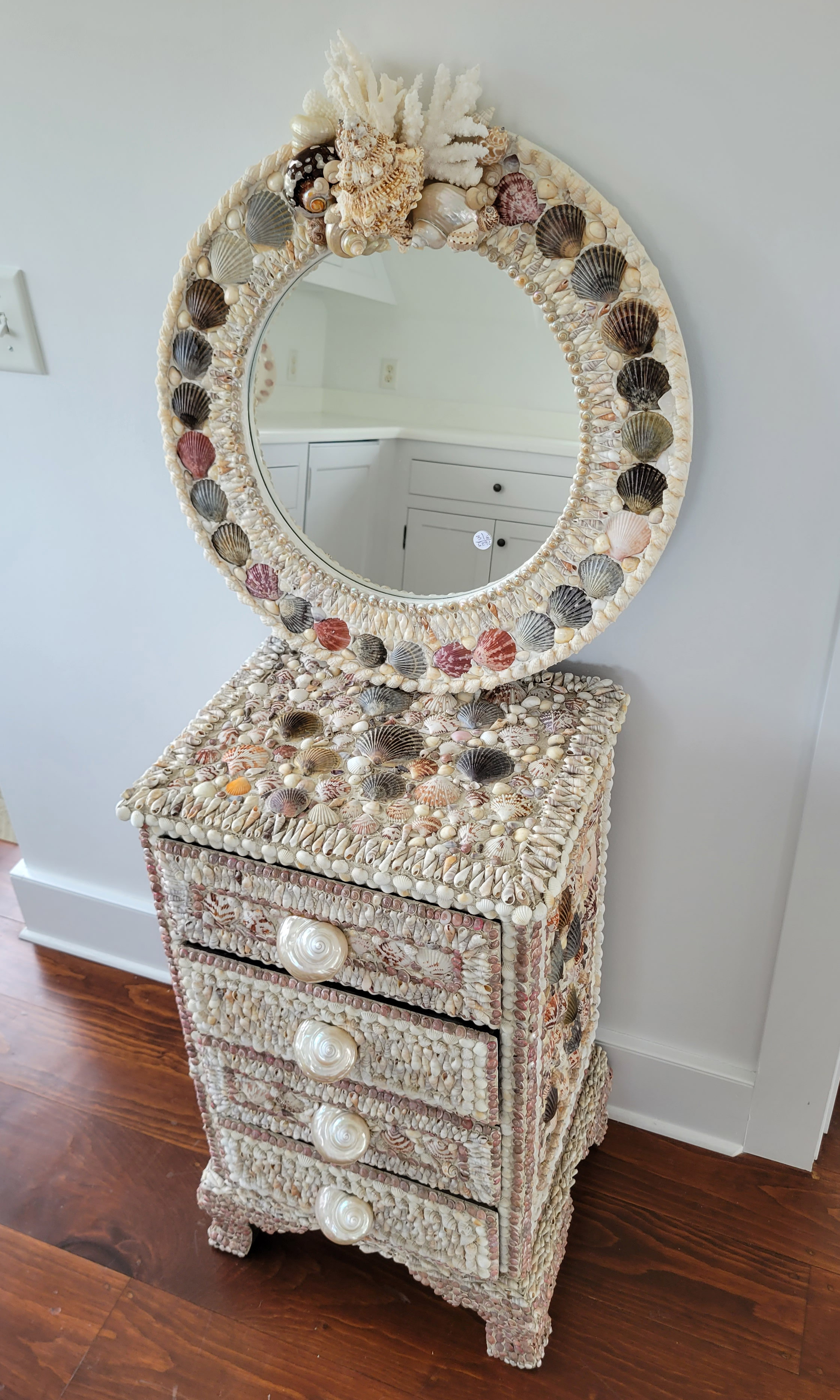Shell-Encrusted Dwarf Chest of Four Drawers and Circular Mirror - Shell ...