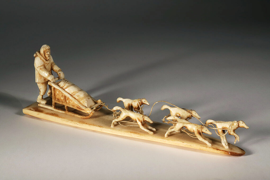 Eskimo Five Dog Team Sled carved of antique walrus ivory - Eskimo Five ...