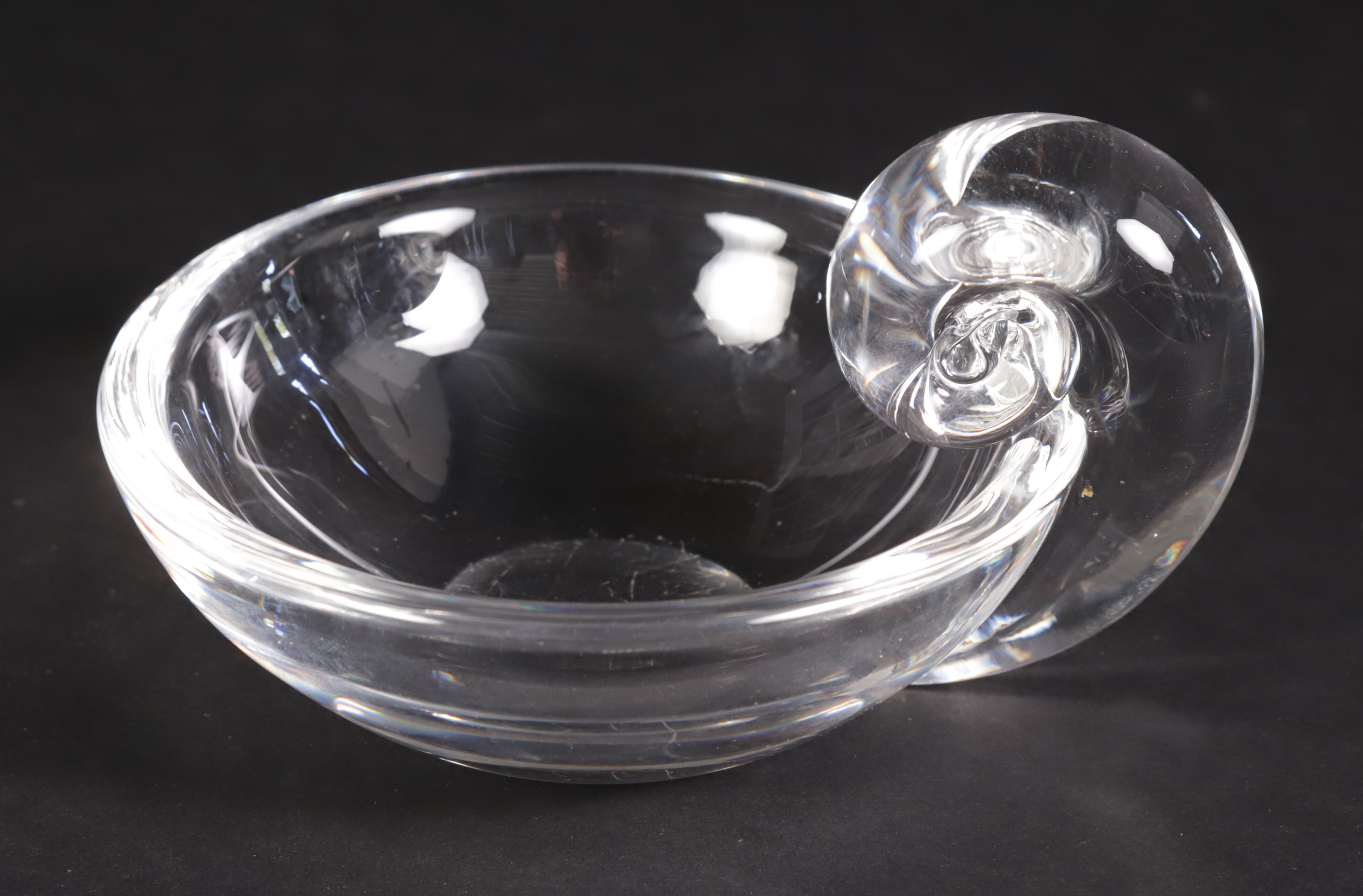 Signed Steuben Clear Glass Olive Bowl with Applied Snail Handle ...