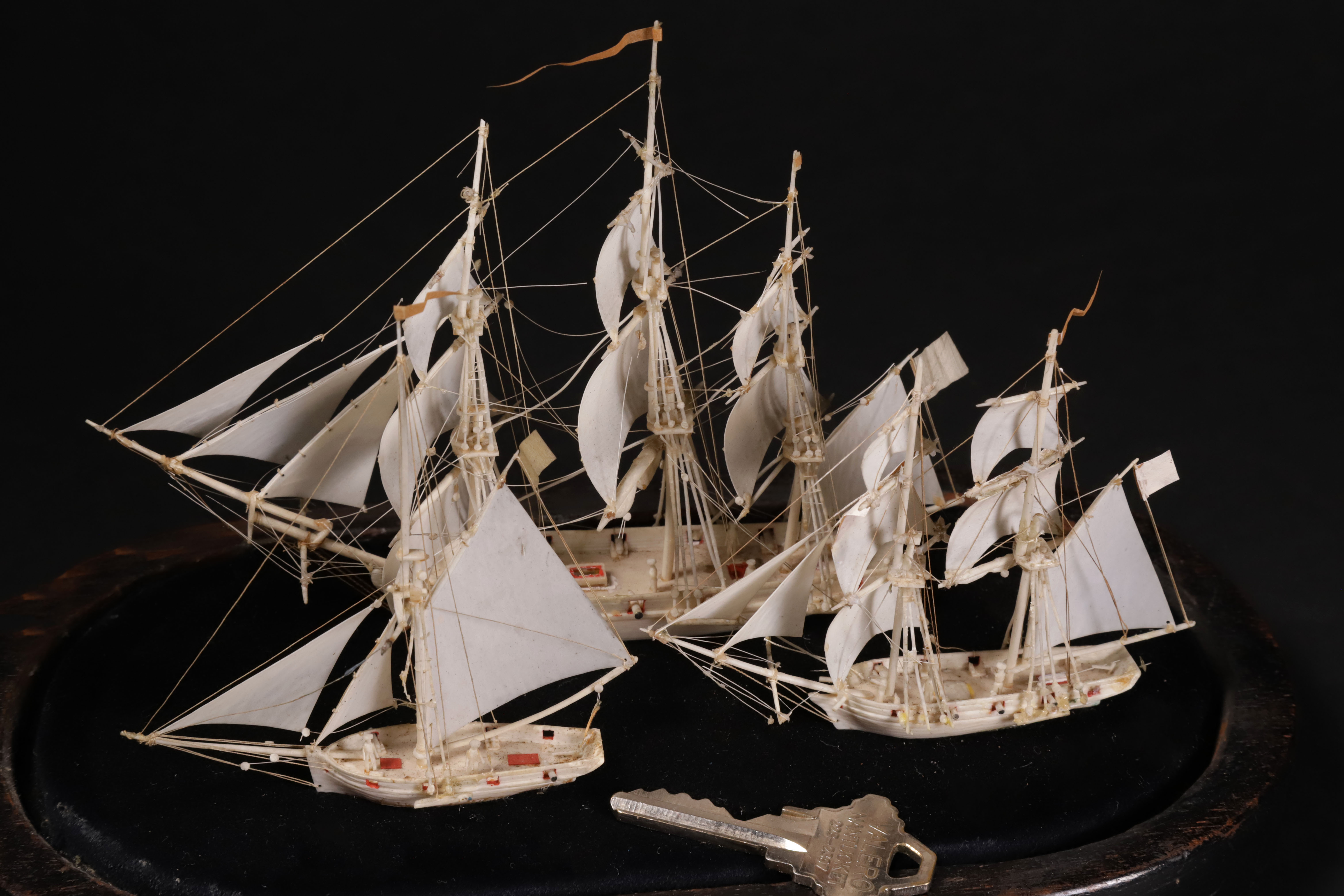 Three Dieppe Miniature Antique Bone Ship Models Under Glass Dome 19th ...
