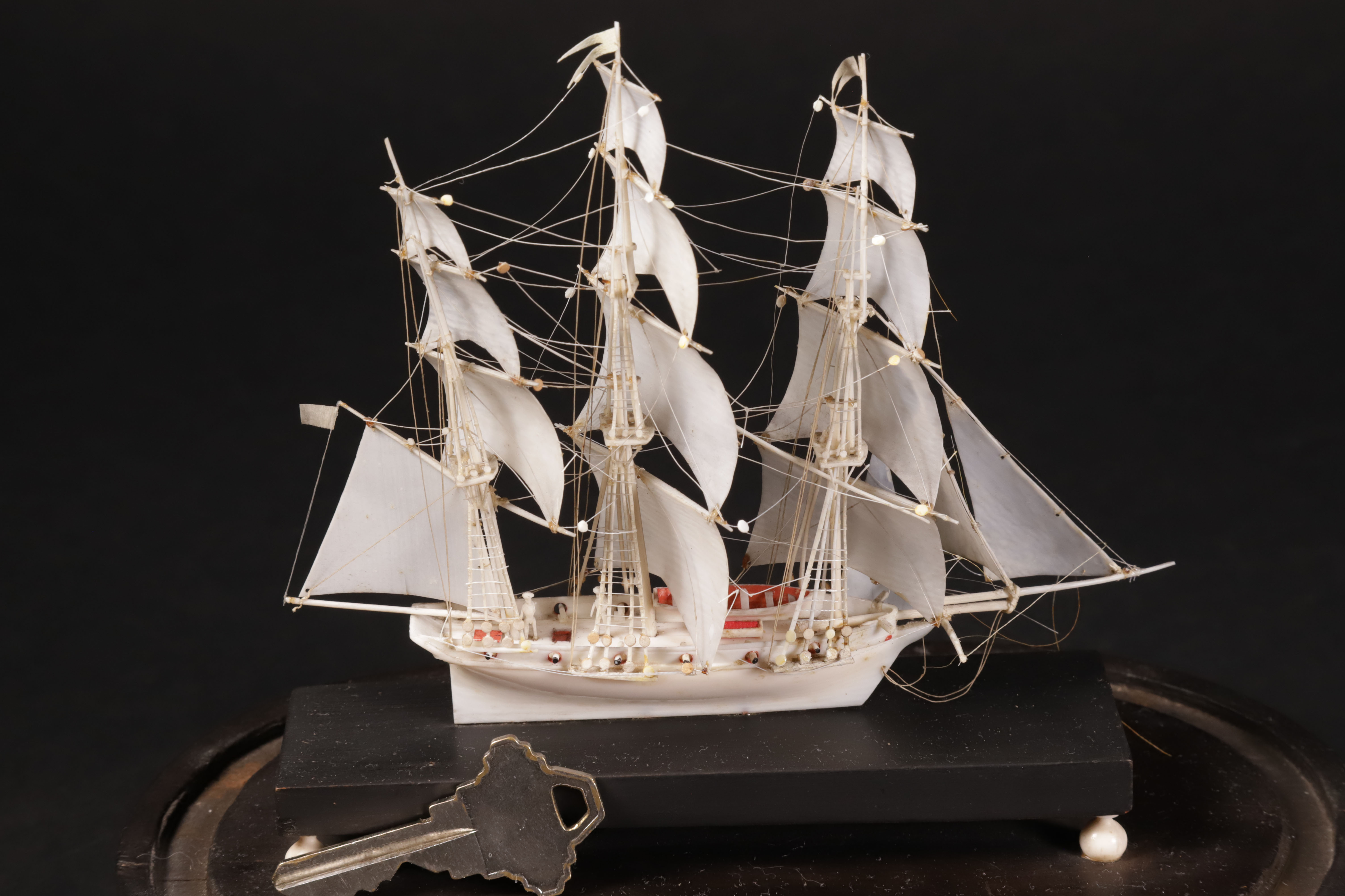 Miniature Antique Dieppe Bone Ship Model Under Glass Dome 19th Century ...