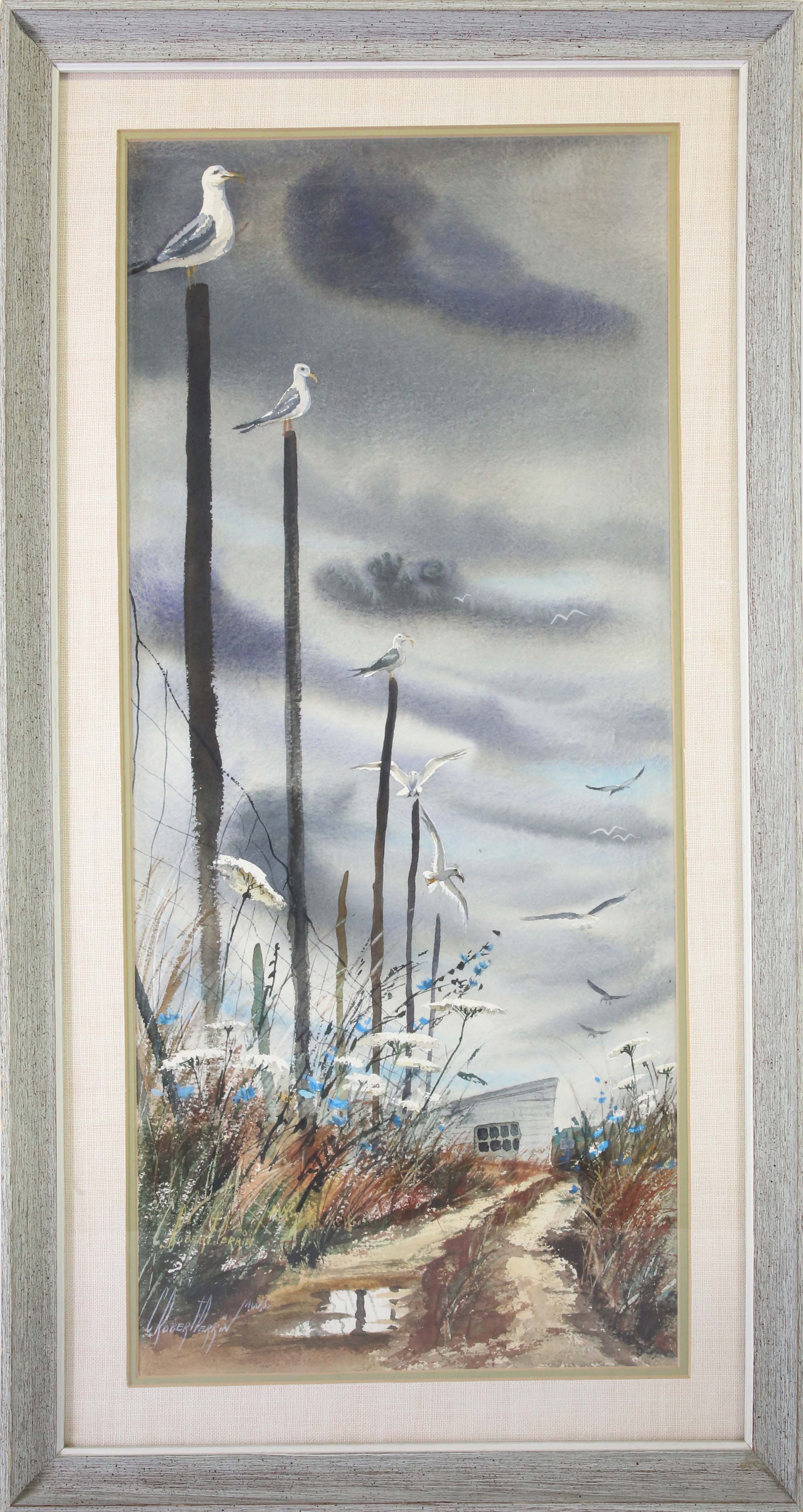 C. Robert Perrin Watercolor on Paper "Seagulls and Queen Anne's Lace ...