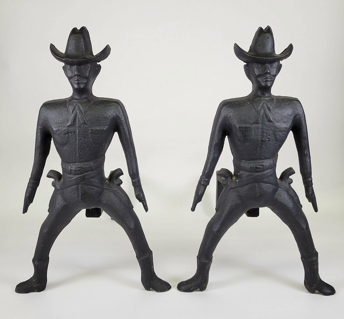Rare Antique Cast Iron Figural Cowboy Gunfighter Andirons - Rare ...