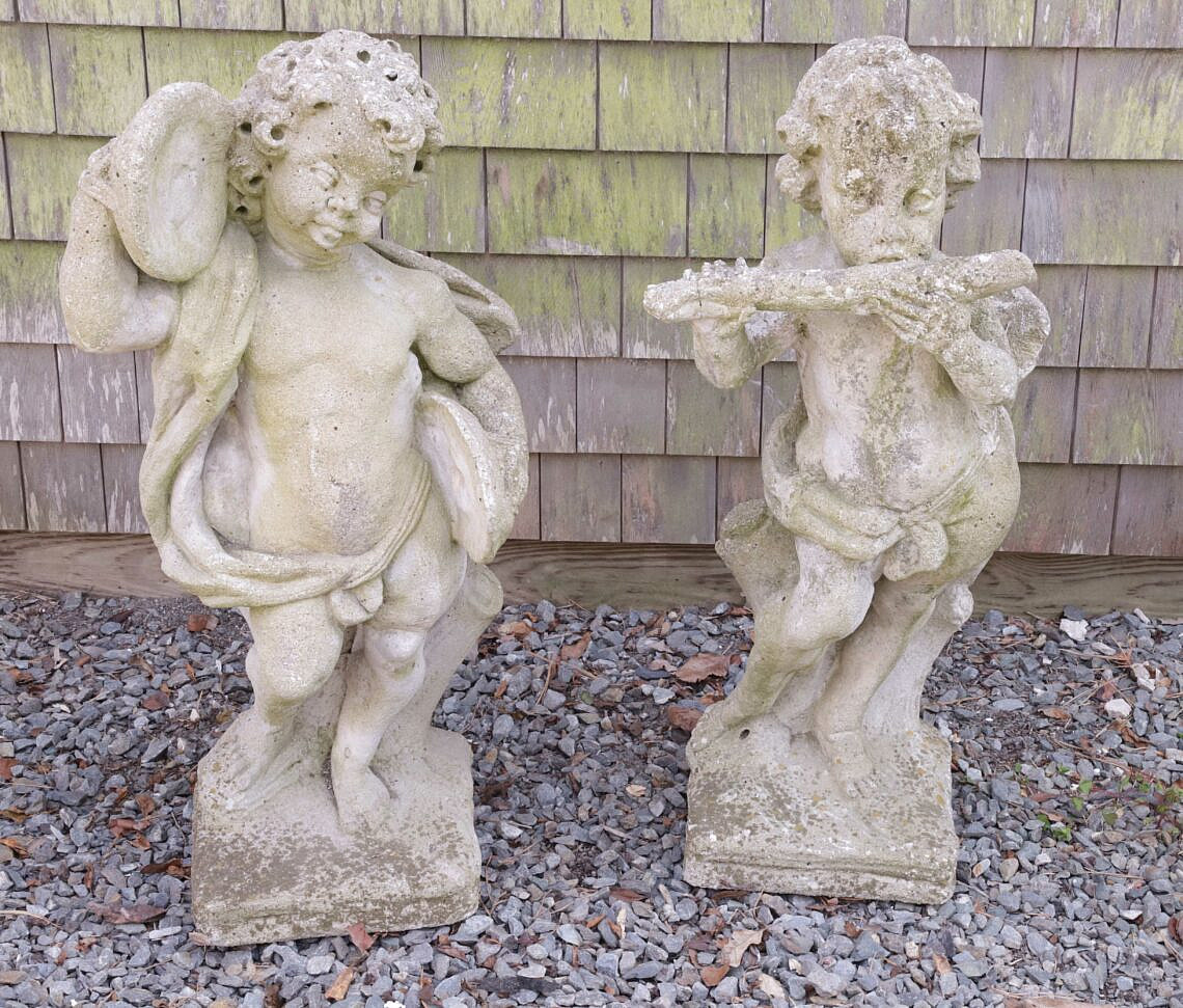 Pair of Antique Baroque Style Cast Stone Garden Putti Musicians - Pair ...