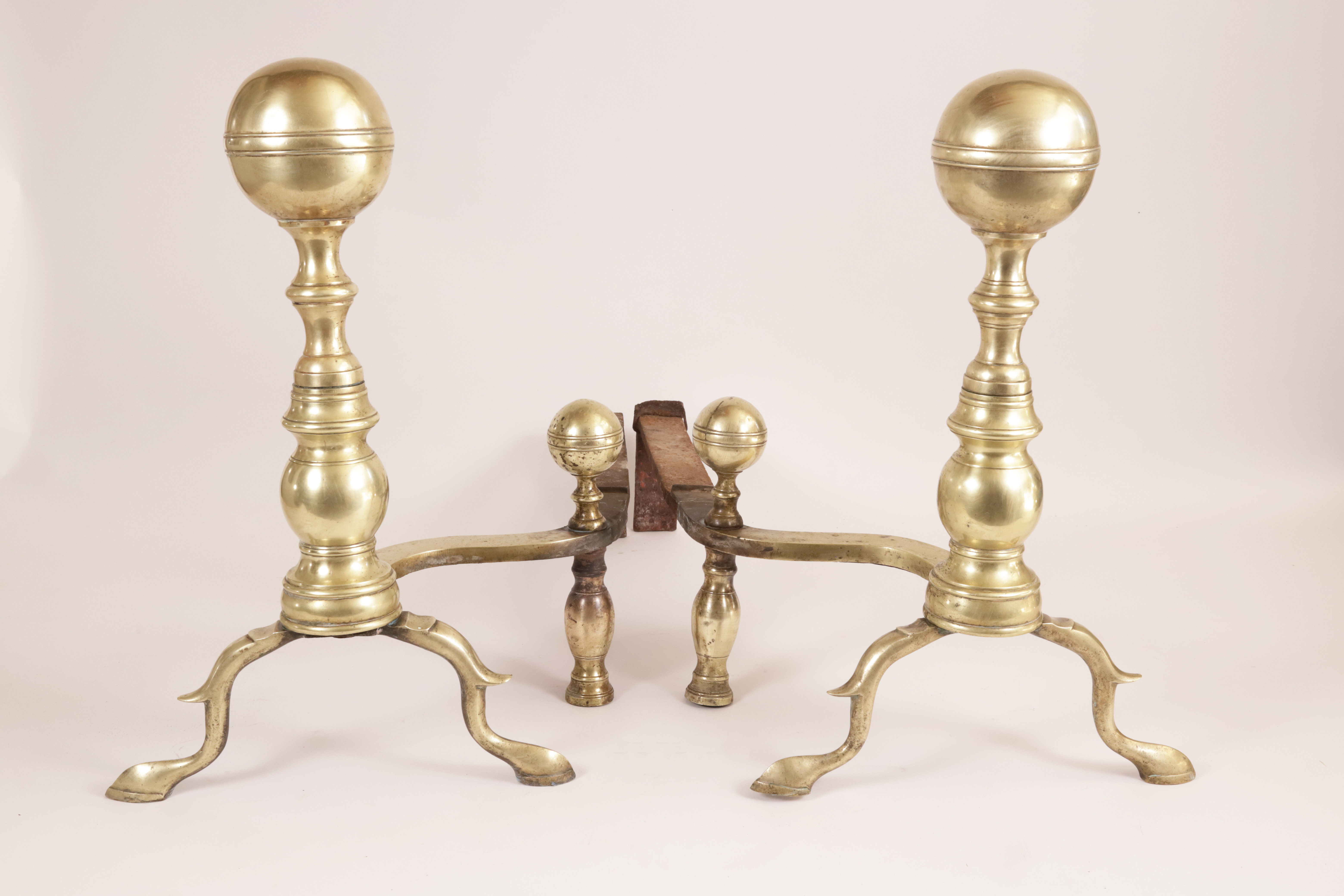 air of Period Brass Boston Ball Top Andirons with Matching Log Stops ...