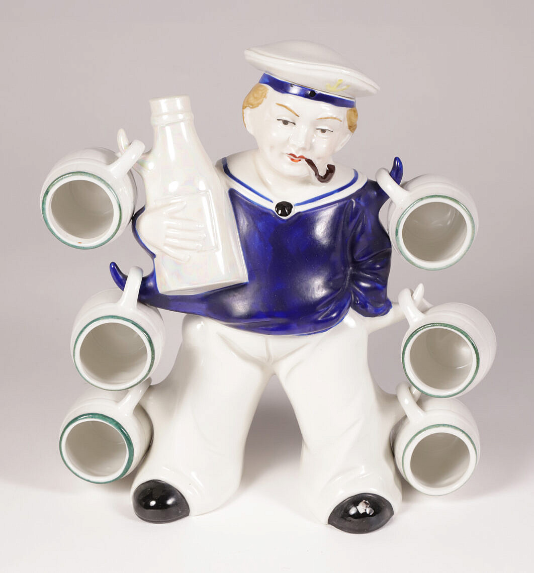 Porcelain Sailor Liqueur Decanter with Six Barrel-Form Mugs 19th ...