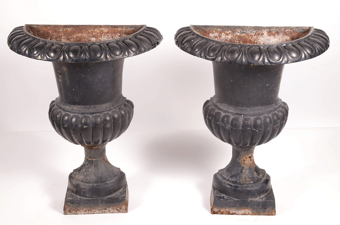 Pair of 19th Century Cast Iron Half-Round Urns - Pair of Scarce ...