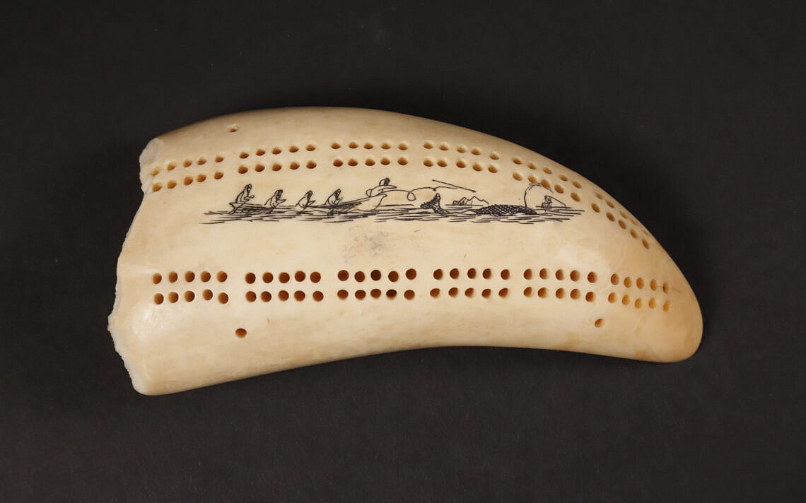Inuit Scrimshaw Whale Tooth Cribbage Board with arctic whaling scene ...