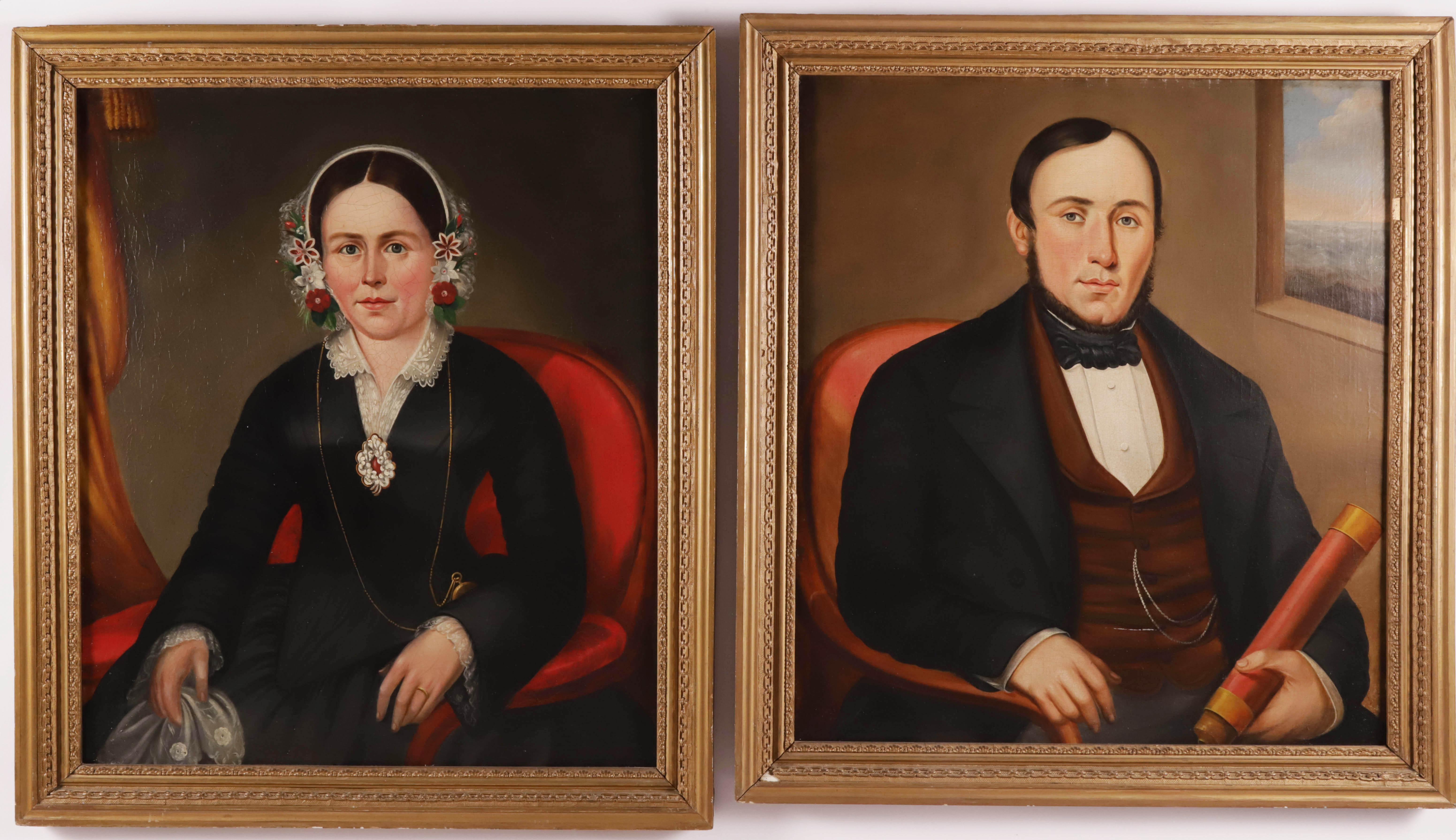 Pair of American Portrait Oils on Canvas "Sea Captain and Wife" 19th ...