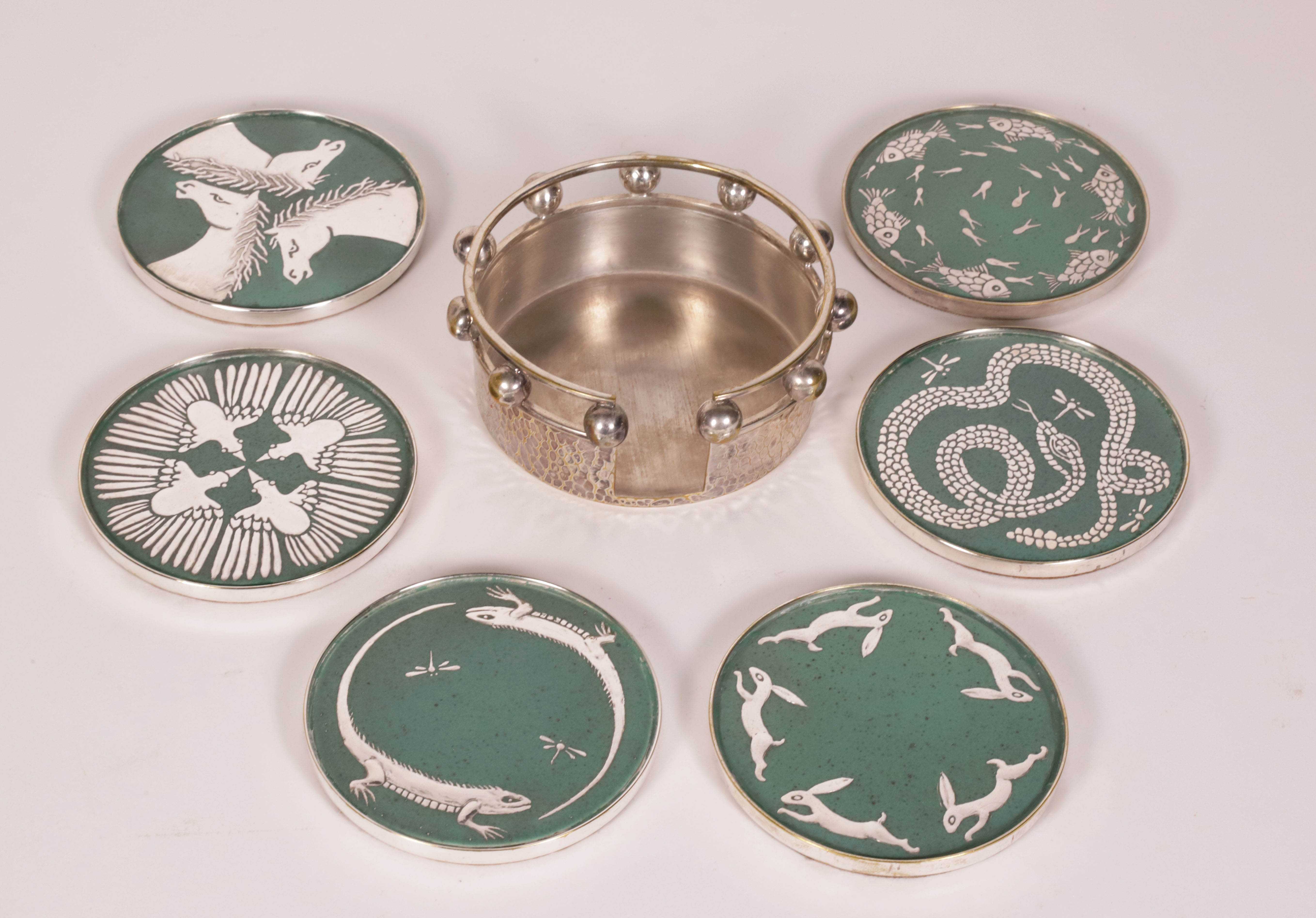 Set of 6 Jade + Silver Coasters - Mid-Century Modern Set of Six Jade ...