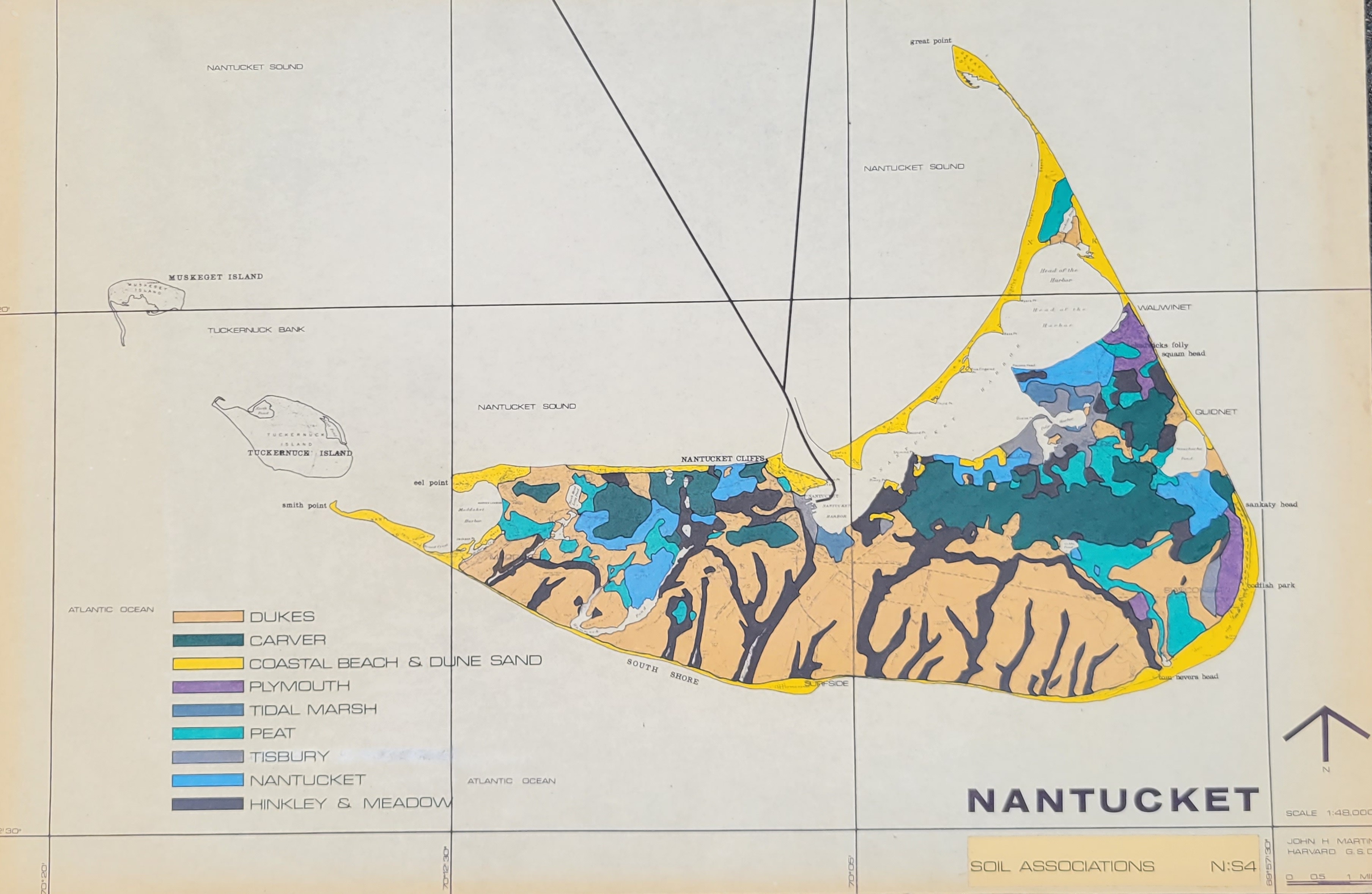 Vintage John H. Martin Hand Colored Map of Nantucket “Soil Associations ...