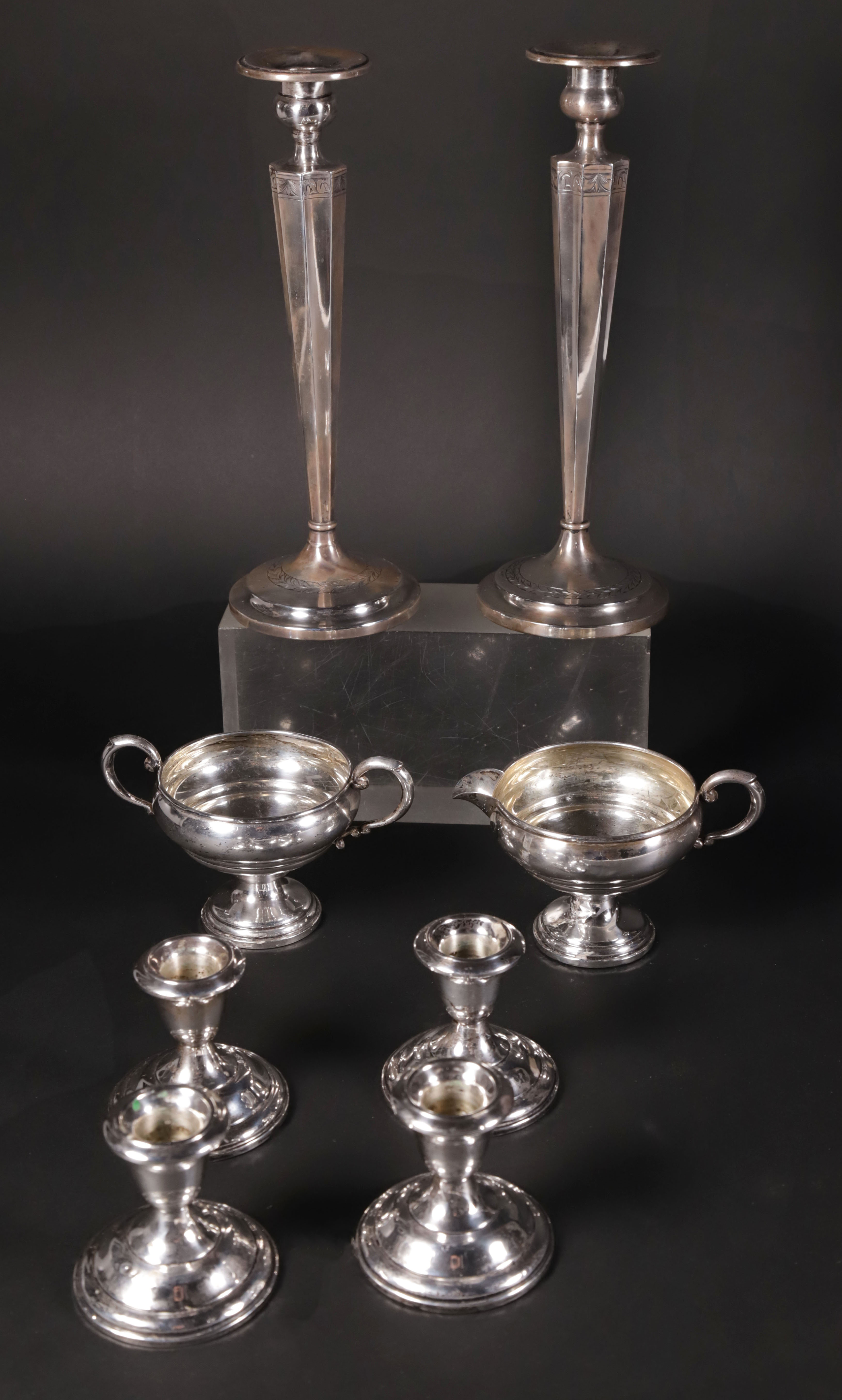 Group of Sterling Silver Items Including a Pair of Column Candlesticks ...