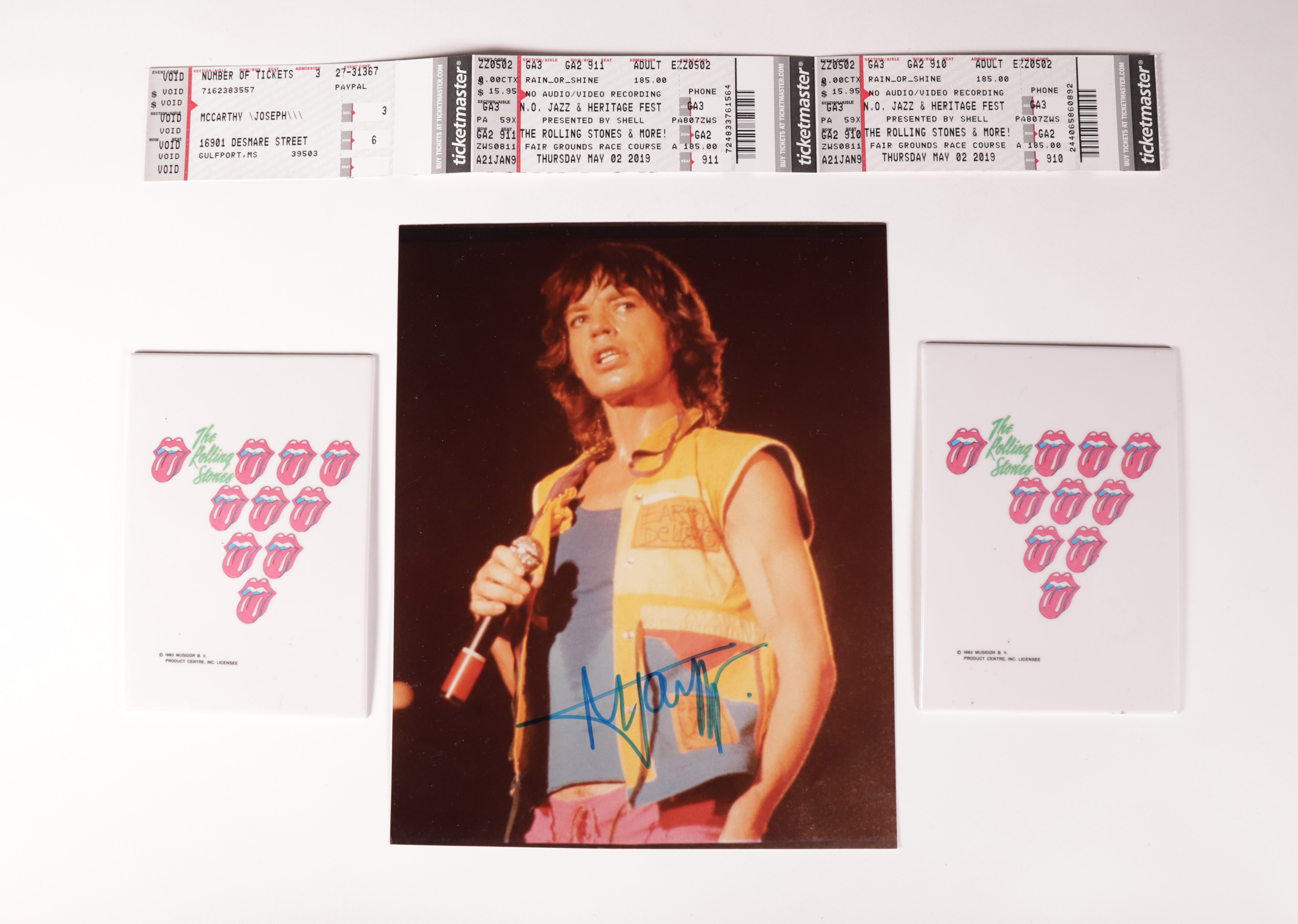 Framed Collage Including a Signed Photograph of Mick Jagger and ...