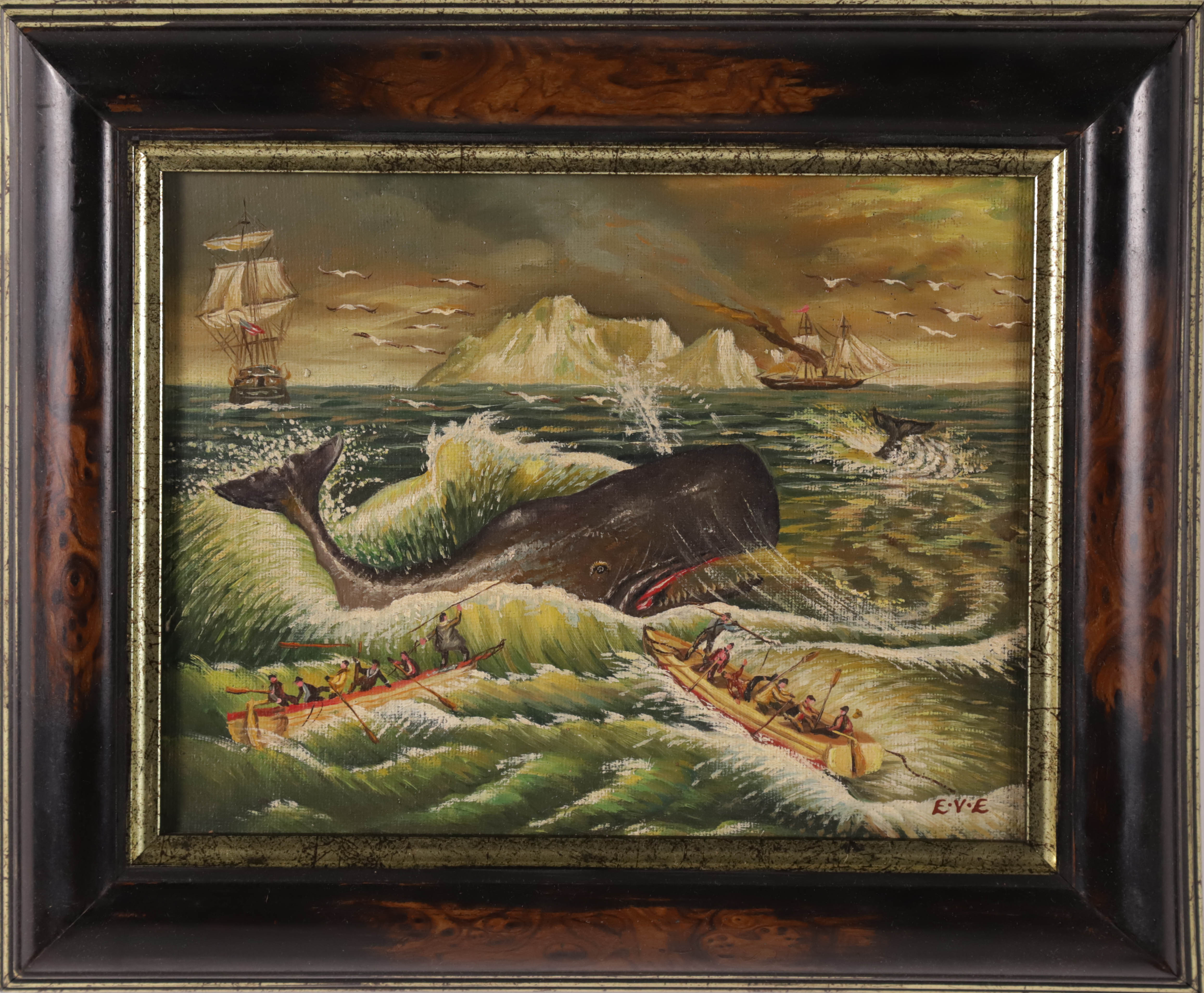 Vintage Oil on Canvas "Whaling Scene" - Vintage Oil on Canvas "Whaling ...