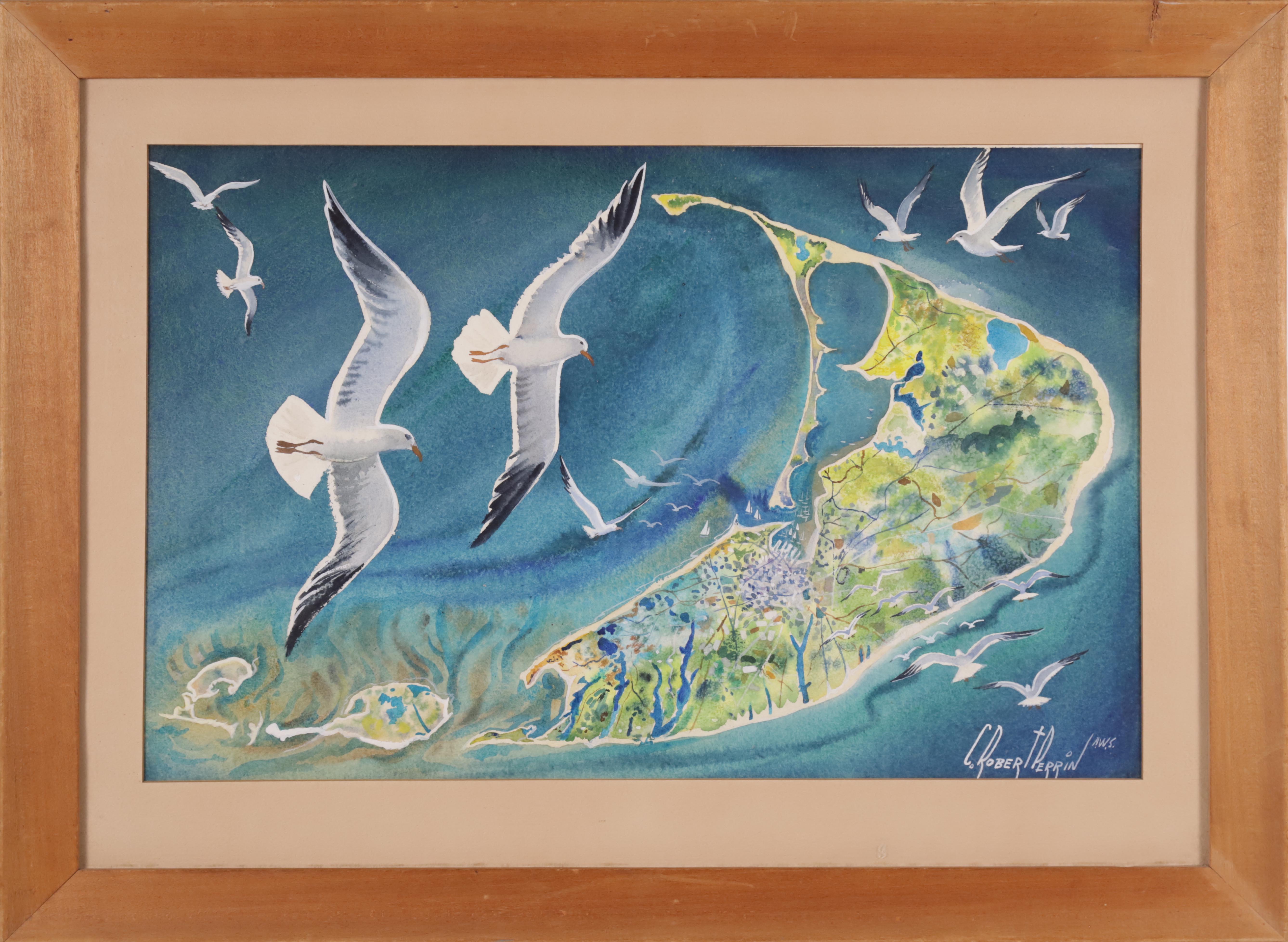 C. Robert Perrin Watercolor on Paper "Aerial View of Nantucket with ...