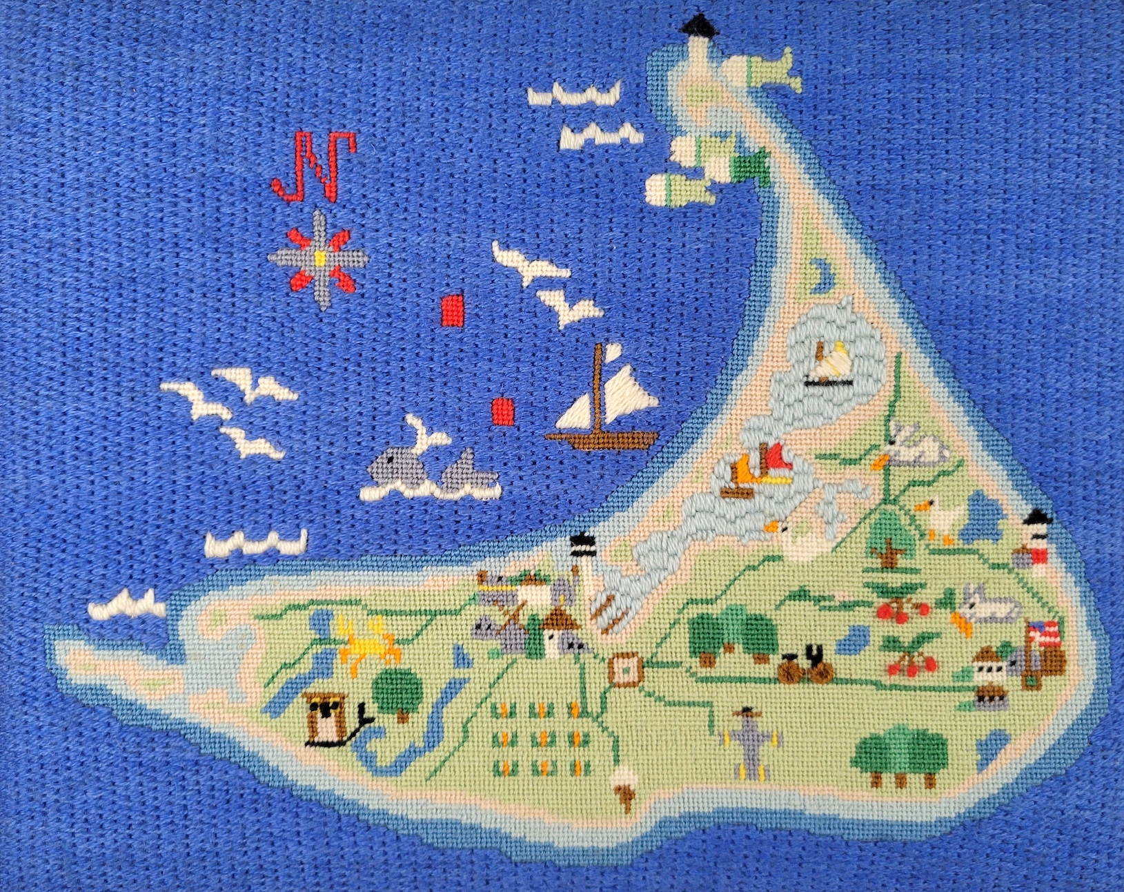 Fine Vintage 1978 Needlepoint Embroidered Whimsical Map of Nantucket ...