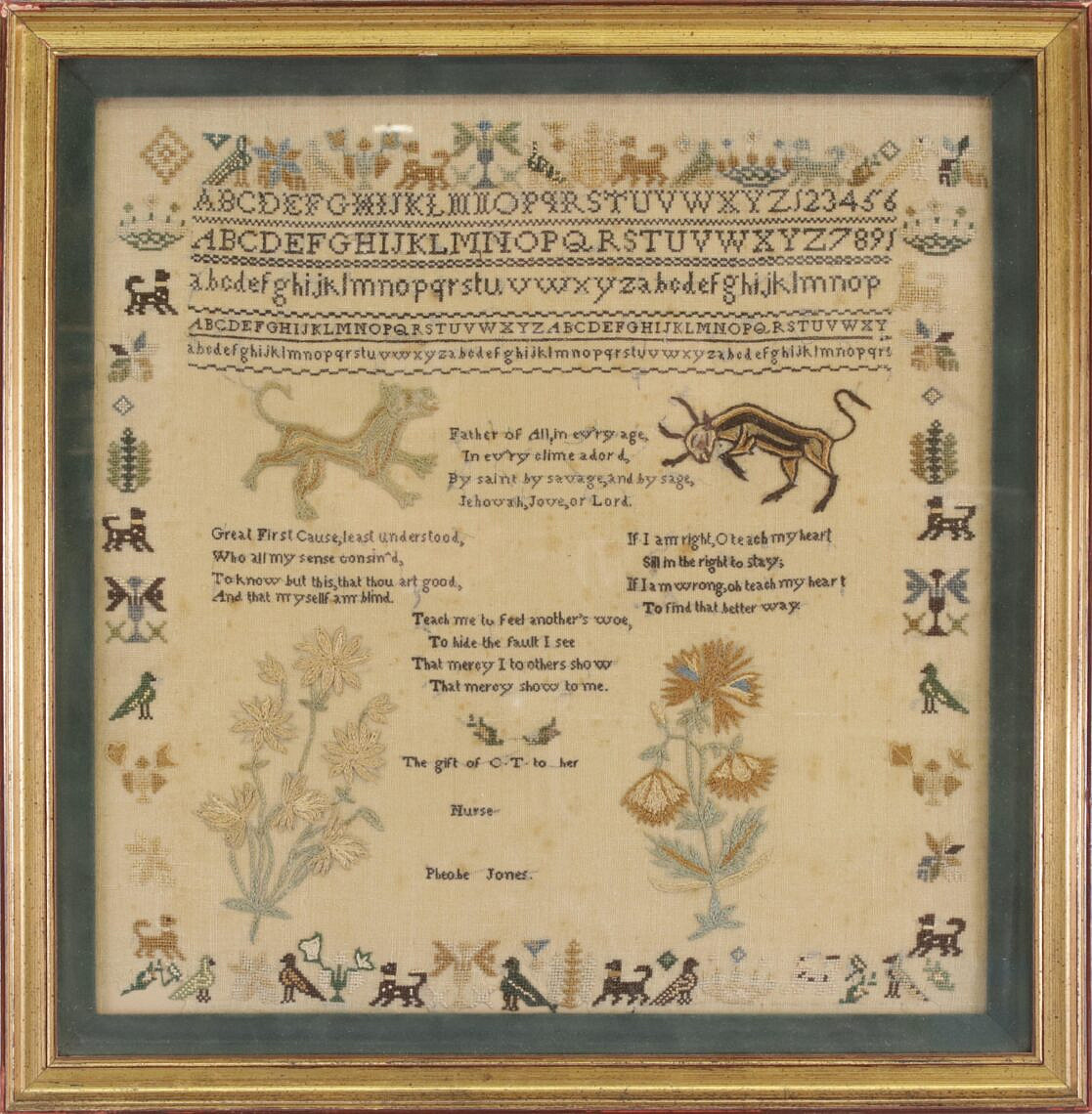 19th Century School Girl Sampler The Gift of CT to Her Nurse Phoebe ...