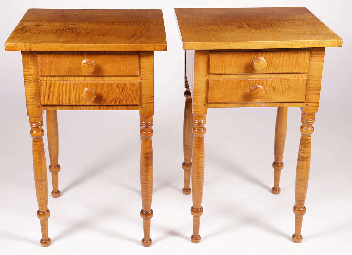 Pair of Sheraton Style Tiger Maple Two Drawer Night Stands - Vintage ...